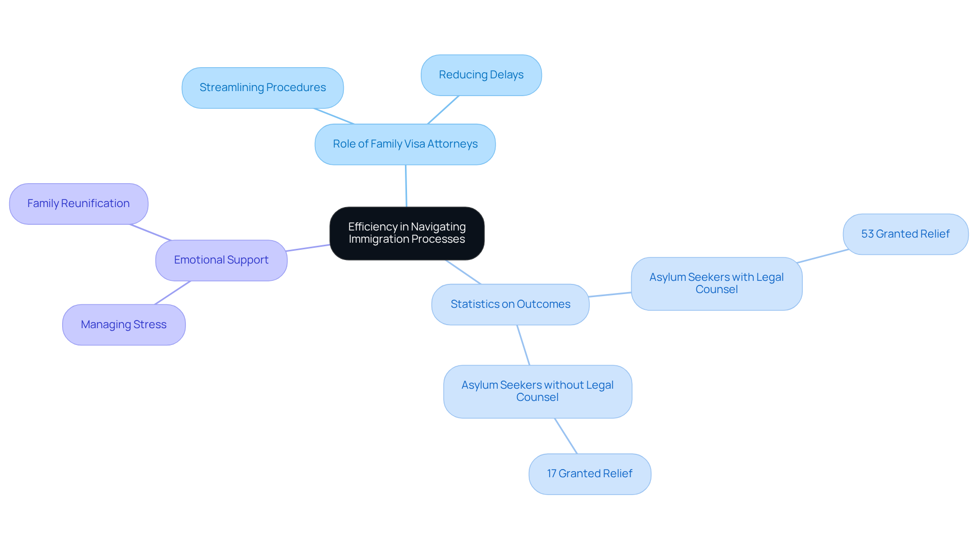The central node represents the main theme, while branches show different aspects of the immigration process. Each branch highlights important information, making it easier to understand how everything connects.