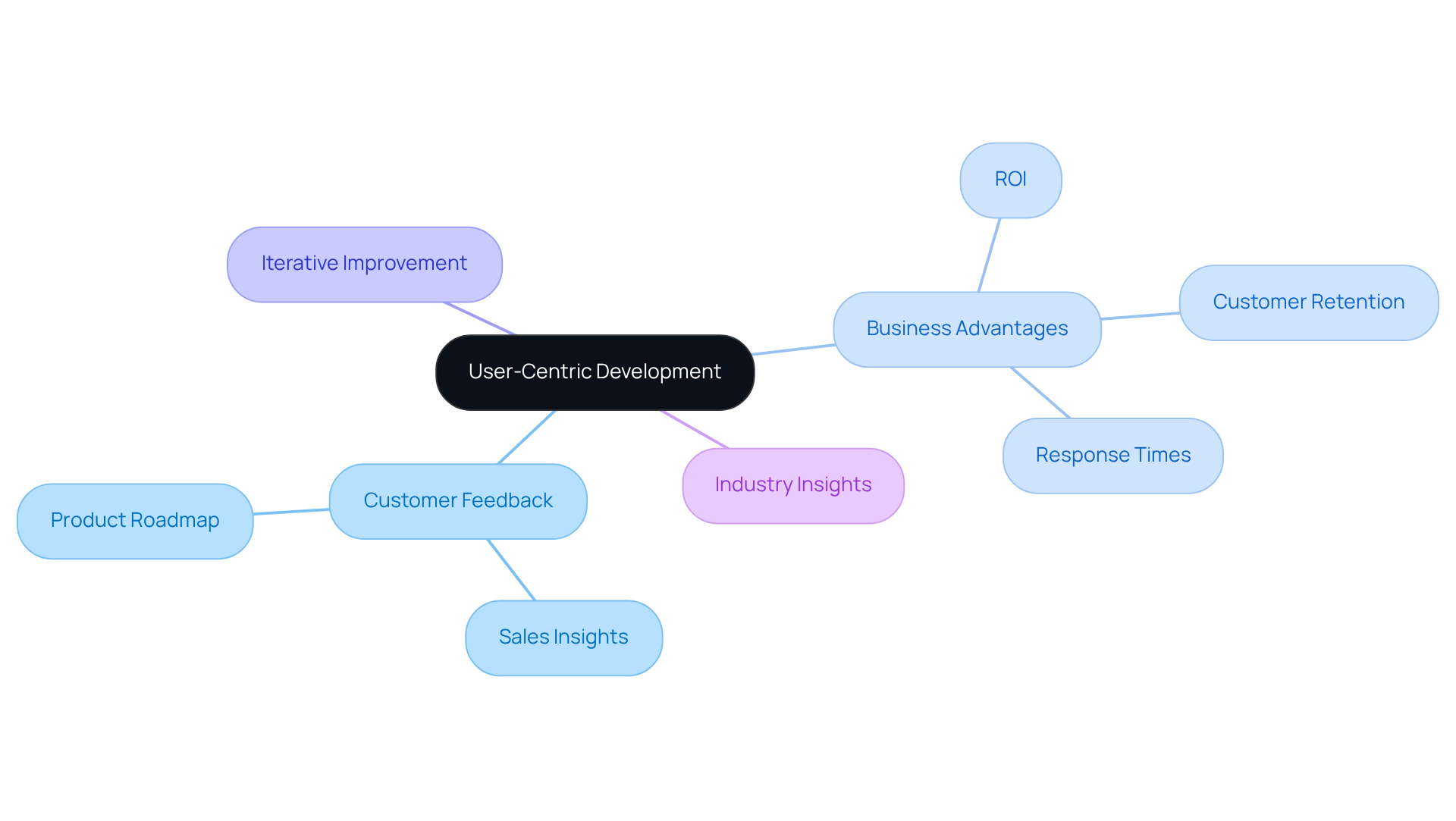 The central idea is user-centric development, with branches showing how customer feedback influences business success and product evolution. Each branch highlights important aspects that contribute to a thriving business.