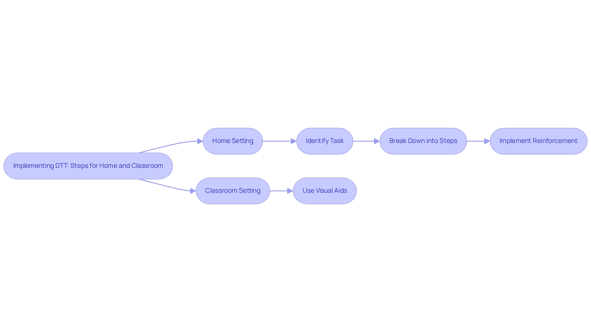 Green boxes represent steps for the home setting, while blue boxes represent steps for the classroom setting. Arrows indicate the flow of the DTT process.