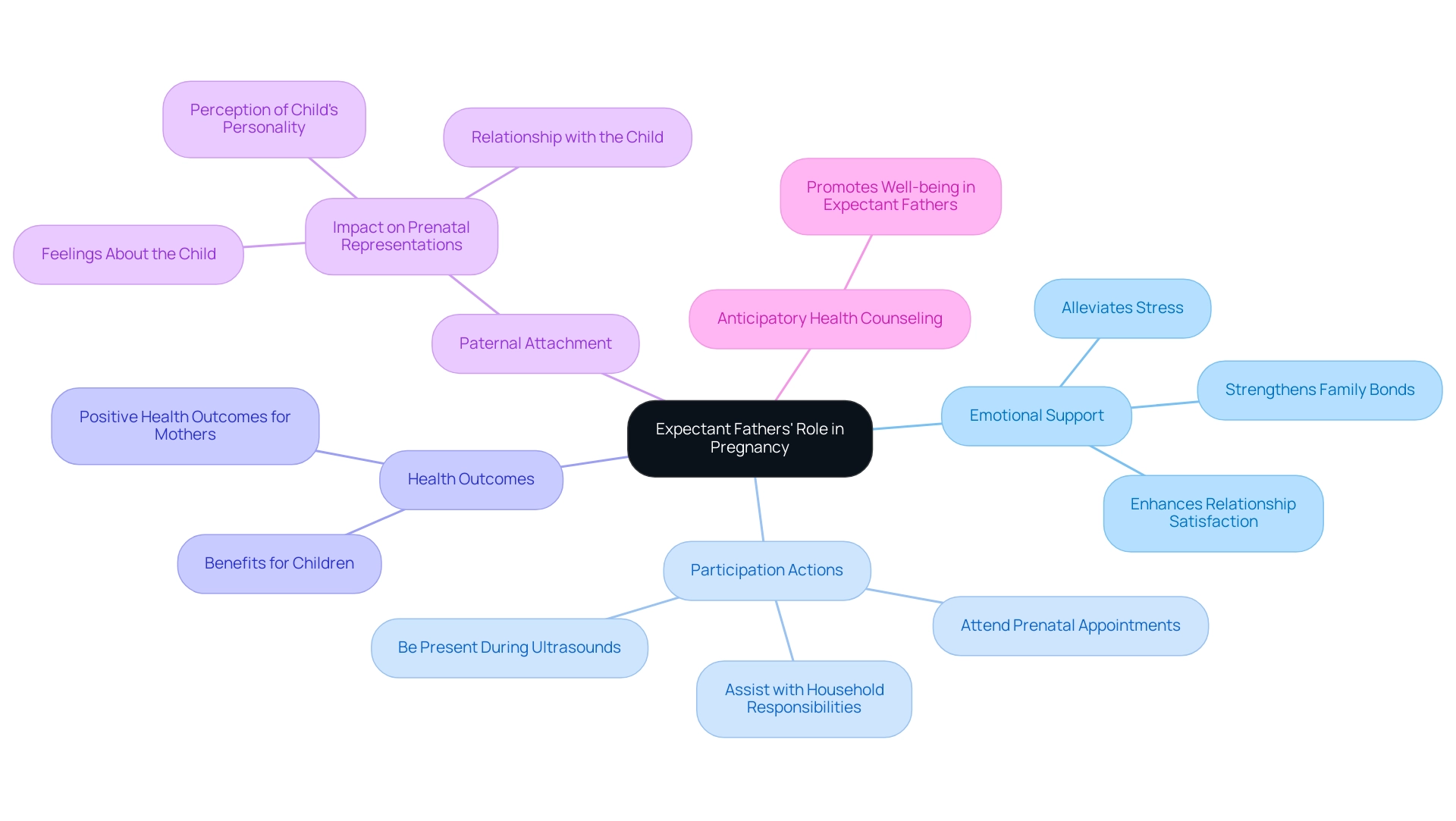 The central node represents the role of expectant fathers, with branches illustrating participation actions, emotional support, and health outcomes for mothers and children.