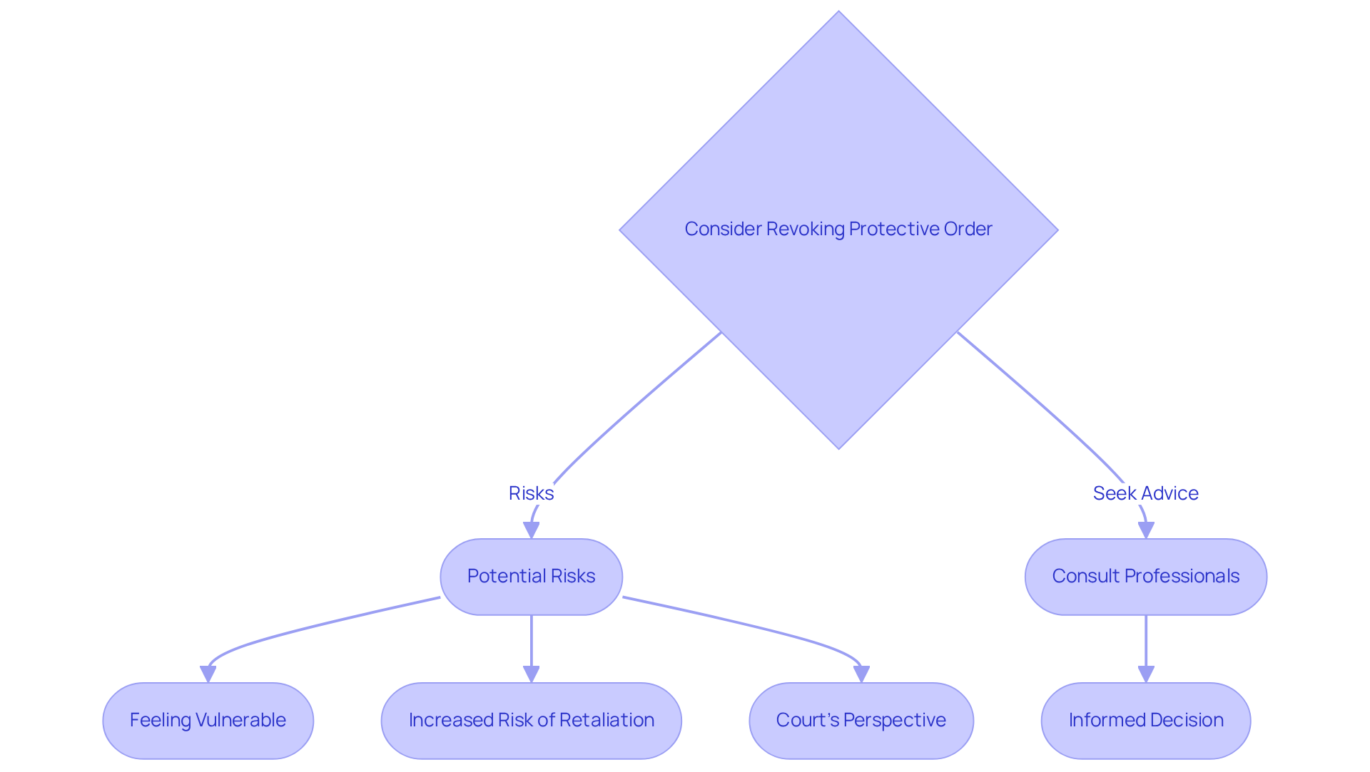 This flowchart guides you through the important considerations when thinking about dropping a protective order. Follow the arrows to see the risks involved and the importance of seeking professional advice before making a decision.