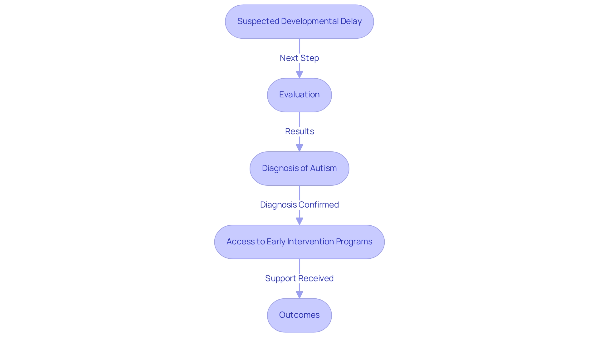 Each box represents a stage in the process: suspected delays, evaluation, diagnosis, intervention access, and resulting outcomes.