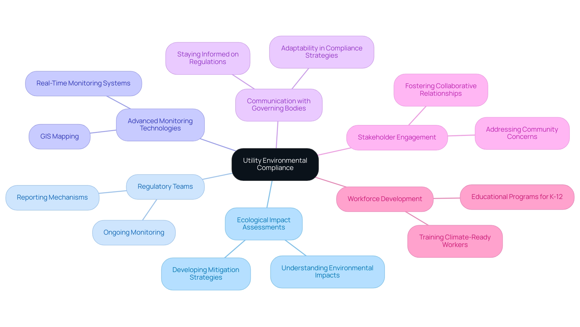 Each branch represents a strategic action for compliance, with sub-branches detailing specific practices or tools related to that action.