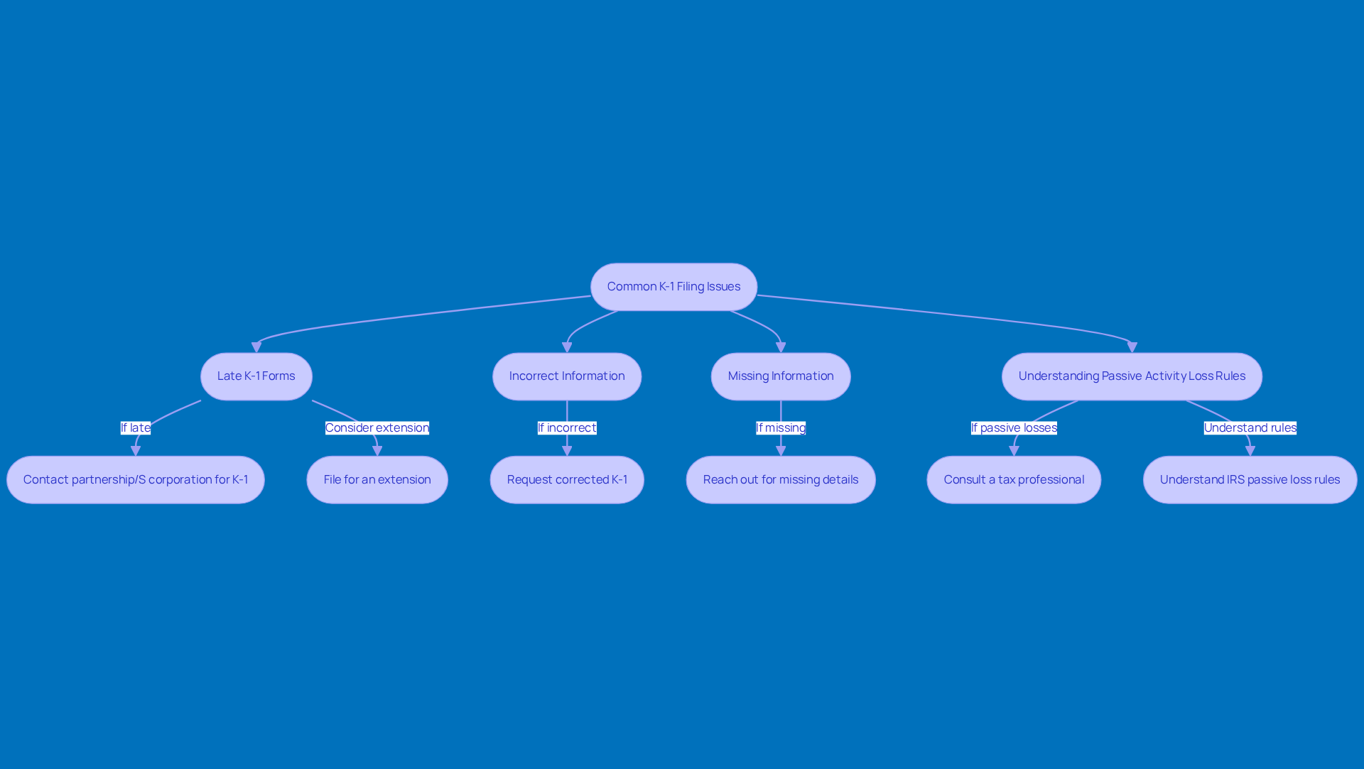 This flowchart helps you navigate common problems when filing your K-1 tax form. Each main box represents a specific issue, and the arrows guide you to the recommended actions to resolve them. Follow the paths to find solutions and make your filing experience smoother!