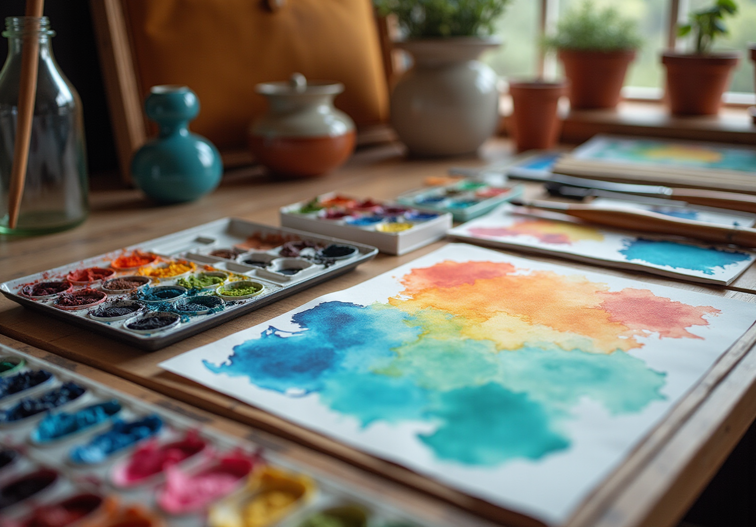 Choosing Watercolor Paints in an Artist's Studio Choosing Watercolor Paints in an Artist's Studio