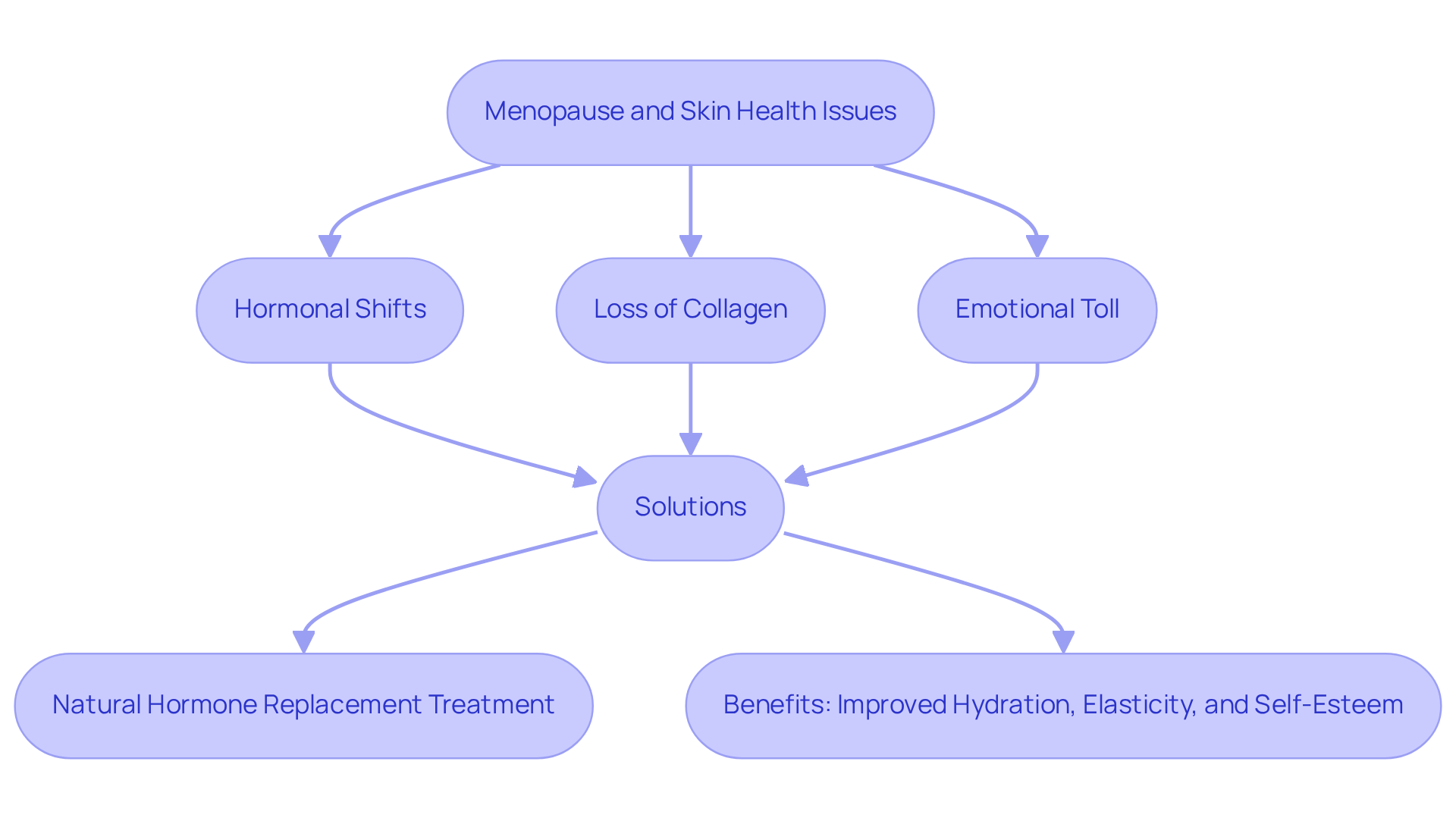 Follow the flow from menopause-related skin issues to the solutions available. Each step shows how hormonal changes affect skin and what can be done to improve it.
