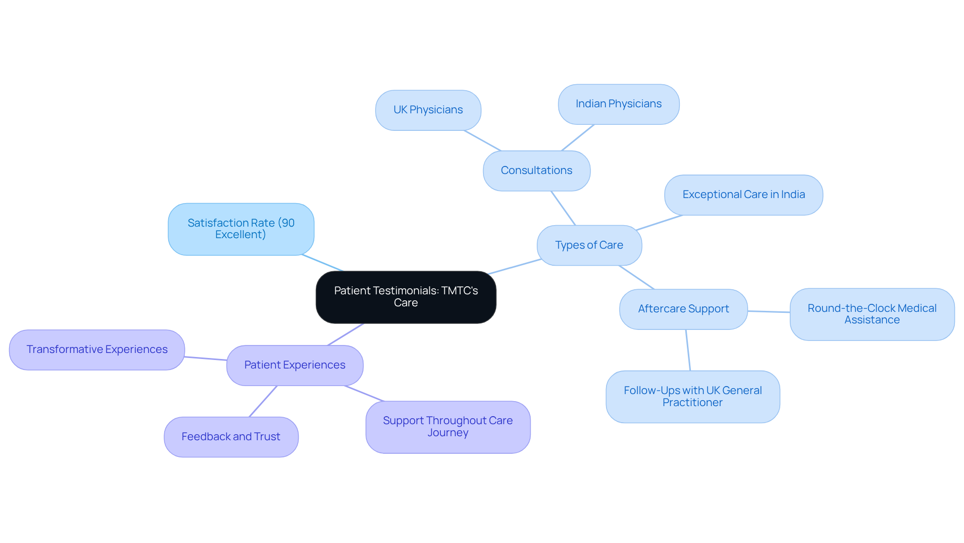 The central node represents the overall theme of patient testimonials, while the branches show different aspects of care and satisfaction. Each branch highlights important elements that contribute to the positive experiences shared by patients.