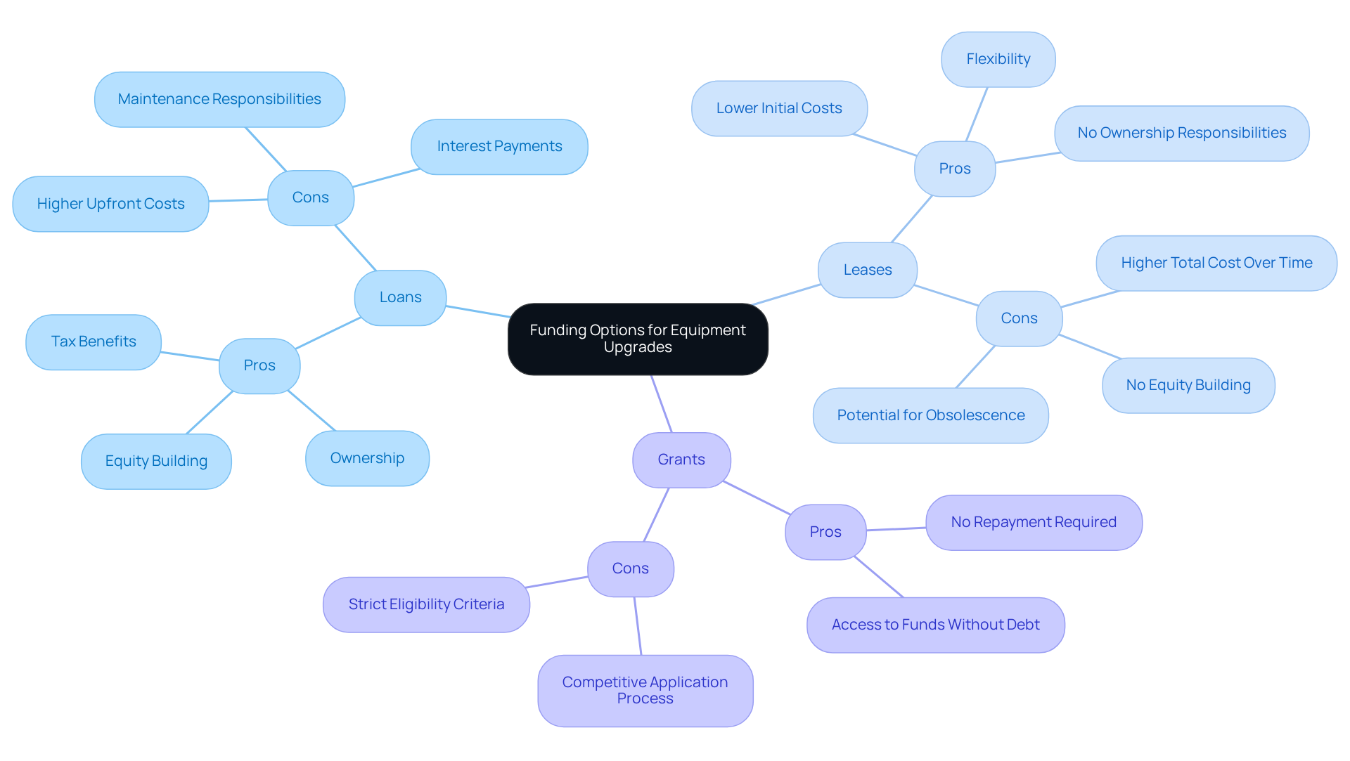 The central node represents the main topic of funding options. Each branch shows a different funding method, with pros and cons listed underneath. This layout helps you quickly see the benefits and drawbacks of each option.