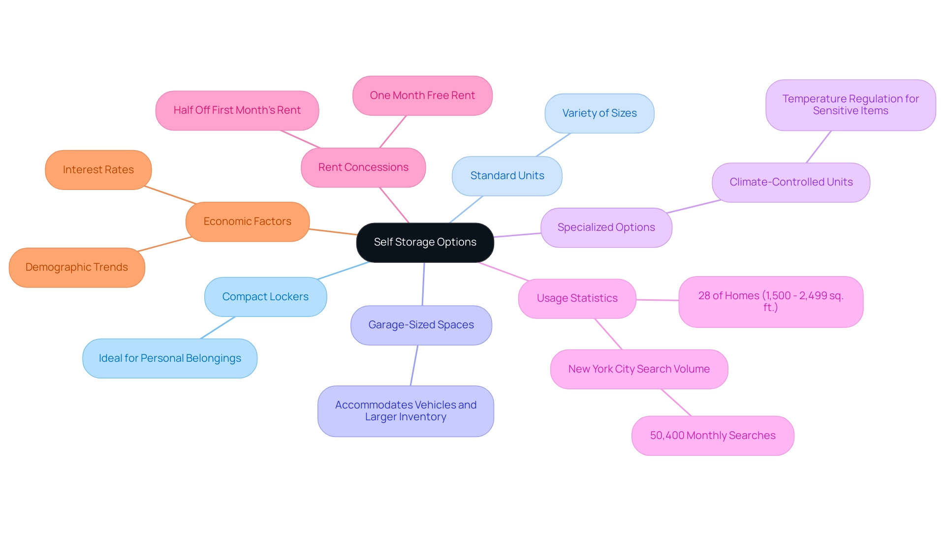 Each branch represents a type of self-storage unit, with subcategories detailing features and statistical data related to usage.