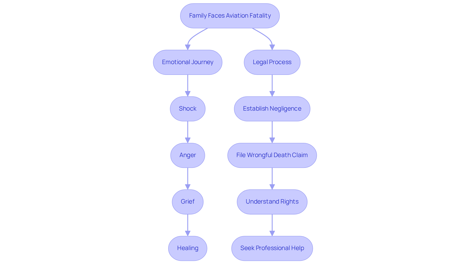 This flowchart guides you through the emotional and legal steps families face after a plane crash. Start at the top with the initial shock and follow the arrows to see how emotions evolve and what legal actions can be taken. Each step represents a part of the journey, helping you understand what to expect and how to navigate this difficult time.