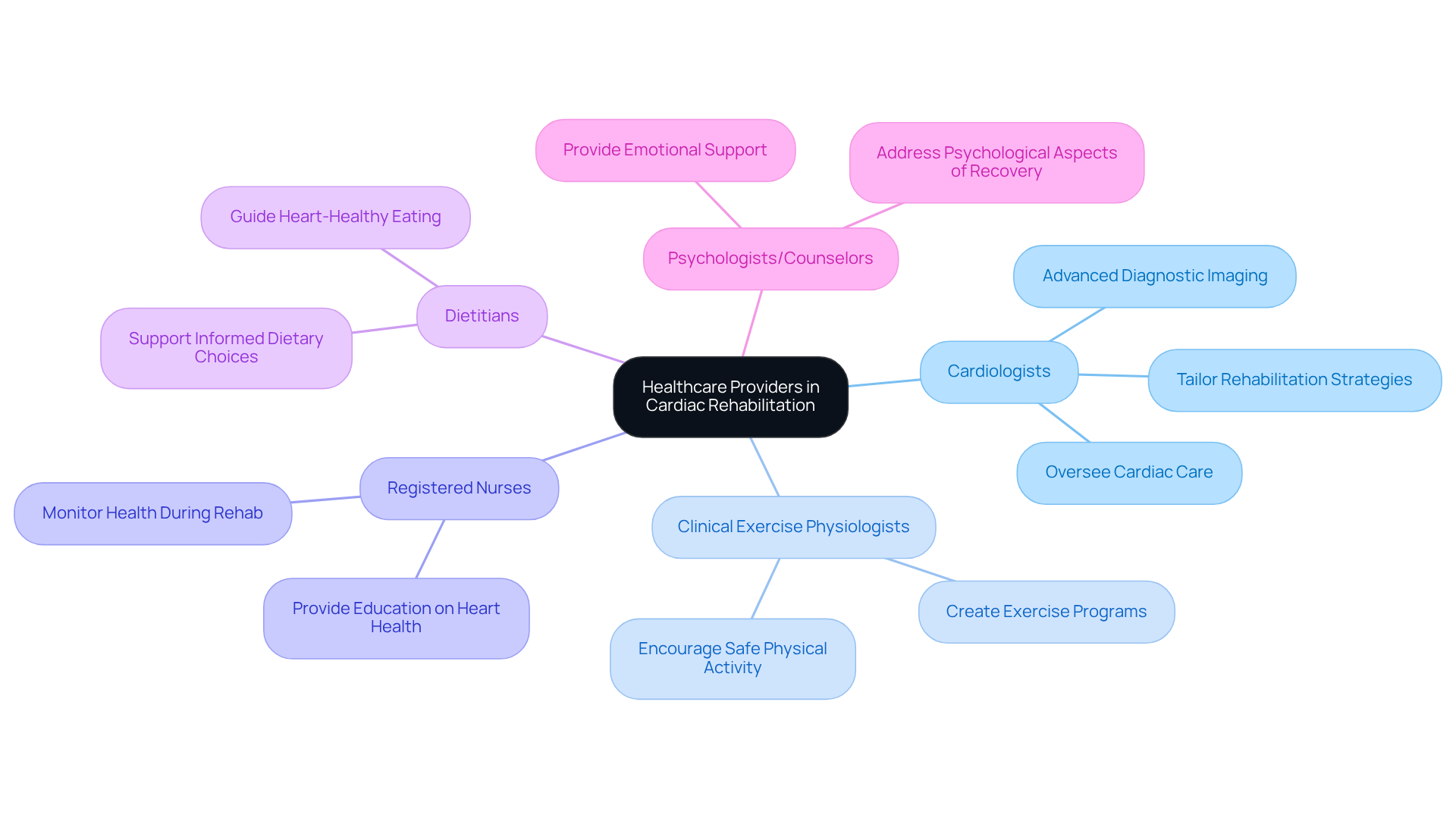The central node represents the main theme of healthcare providers, while each branch shows a specific type of provider and their role in your recovery. Follow the branches to understand how each specialist contributes to your overall health and well-being.