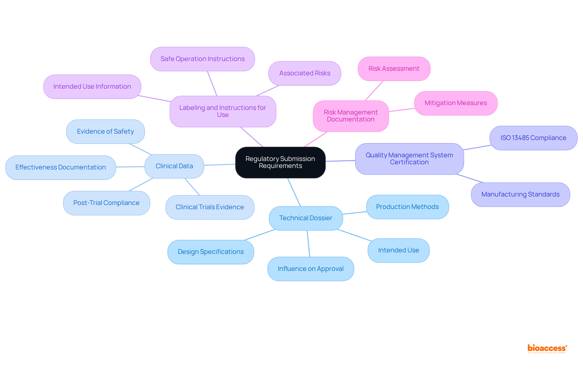 The central node represents the main theme of regulatory submission, while each branch represents a specific document required for submission. The sub-branches provide additional details, ensuring that readers understand the significance and content of each document.