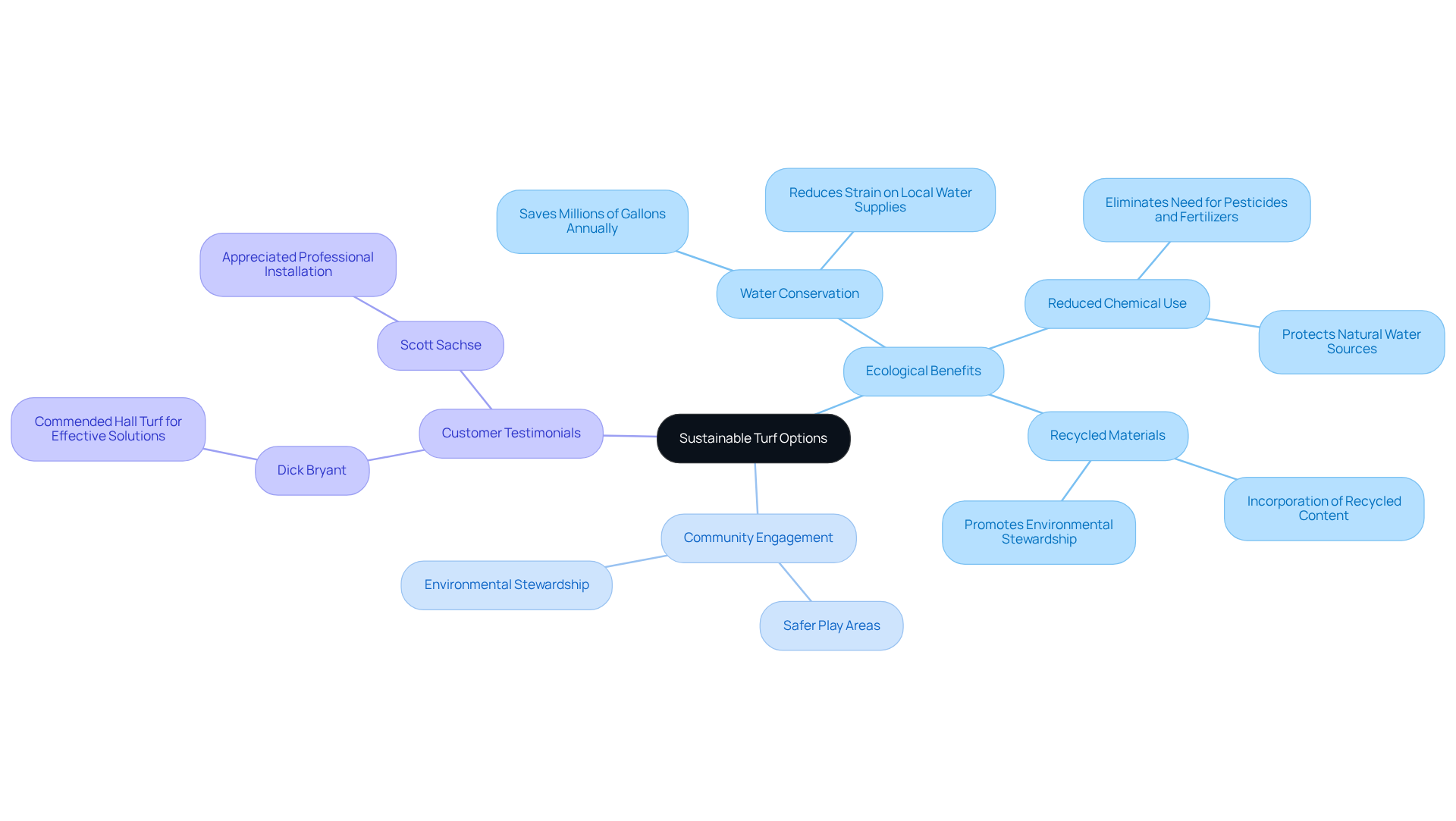 The central node represents the main topic of sustainable turf options. Each branch shows a different aspect of the discussion, helping you see how they connect and contribute to promoting eco-friendliness.