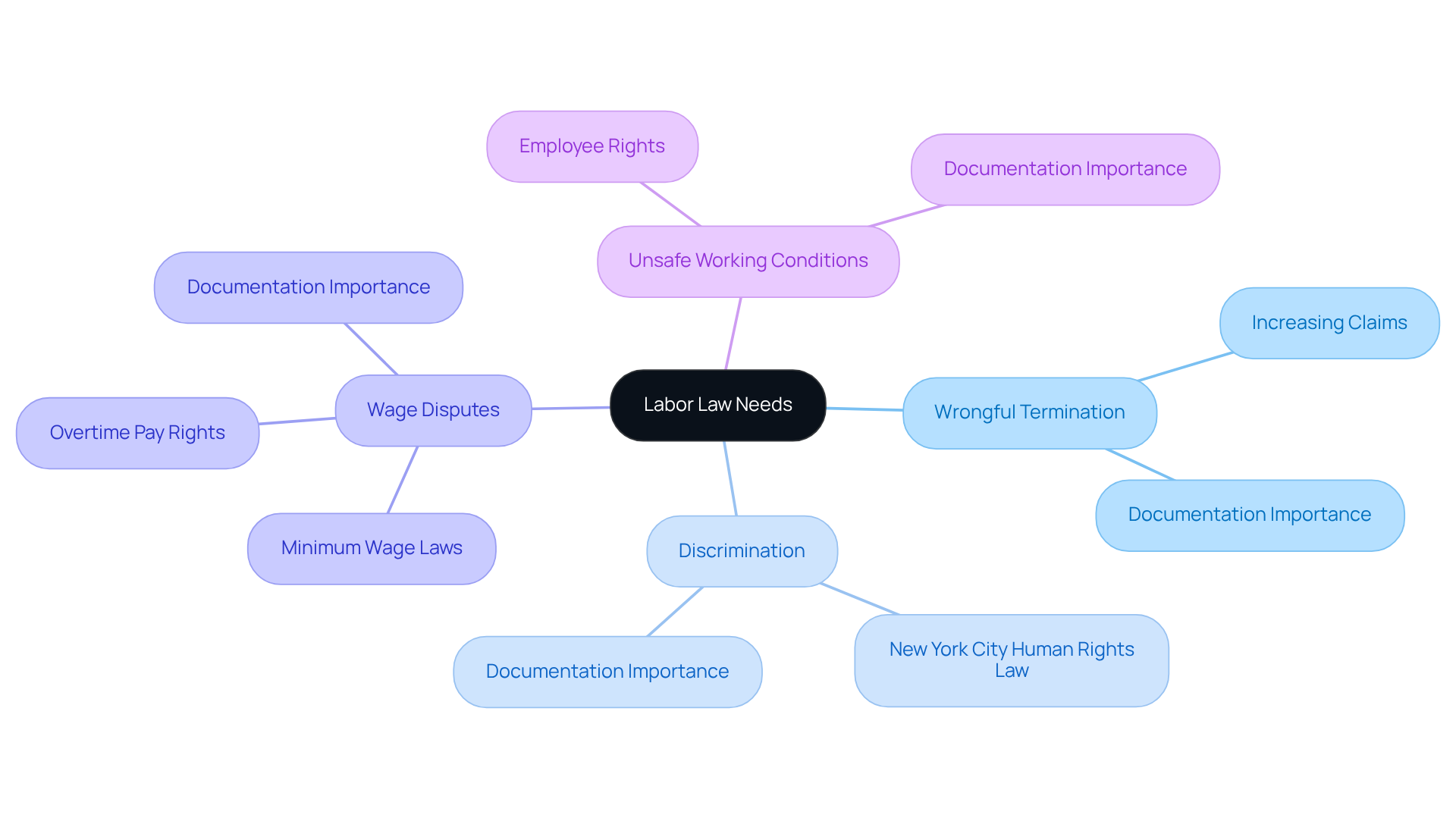 The center represents your overall labor law needs, while the branches show specific issues you might face. Each sub-branch provides more detail on what to consider for that issue.