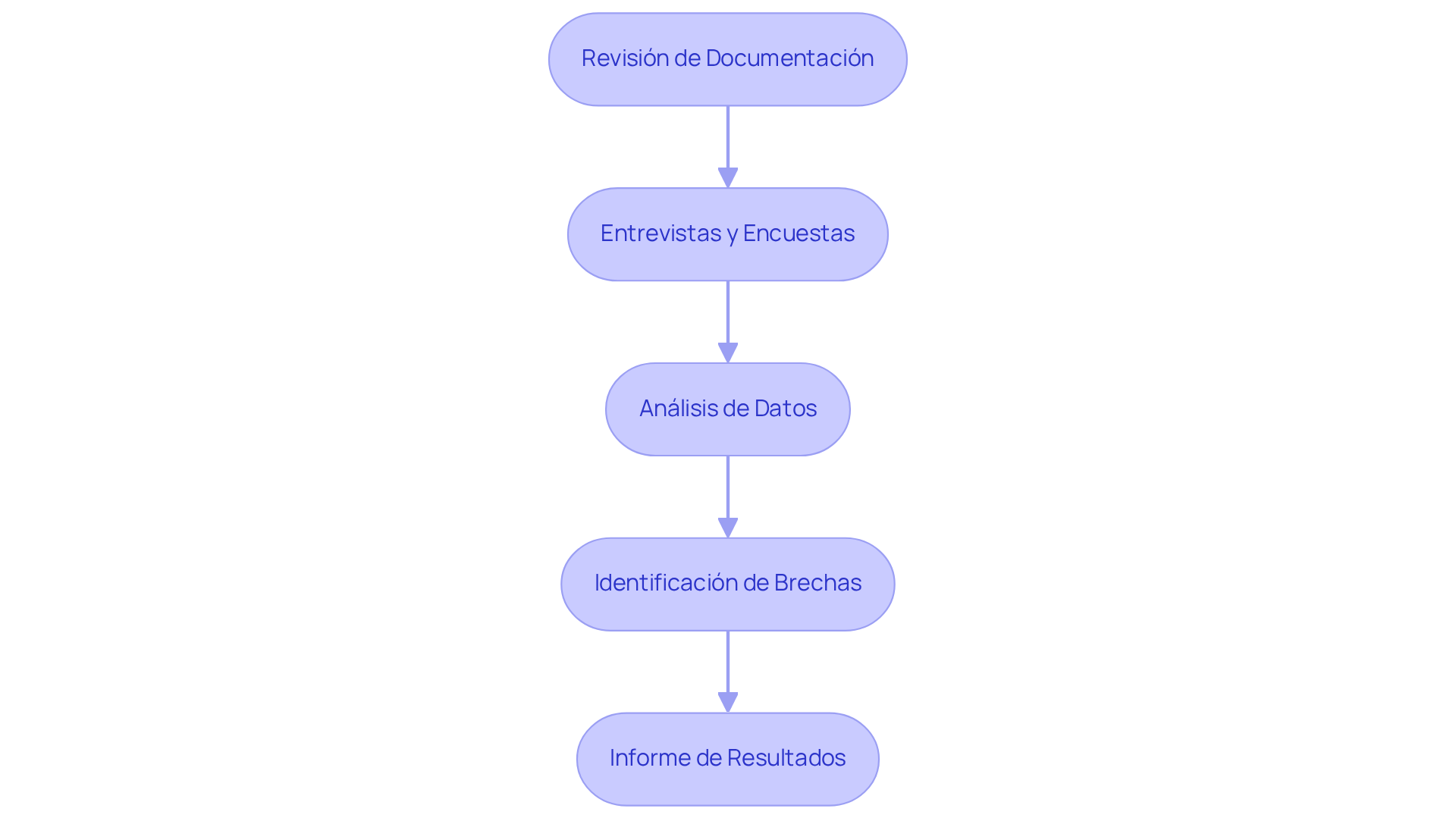 Cada cuadro representa un paso en el proceso de evaluación. Sigue las flechas para ver cómo cada etapa se conecta con la siguiente, desde la revisión de documentos hasta la creación del informe final.