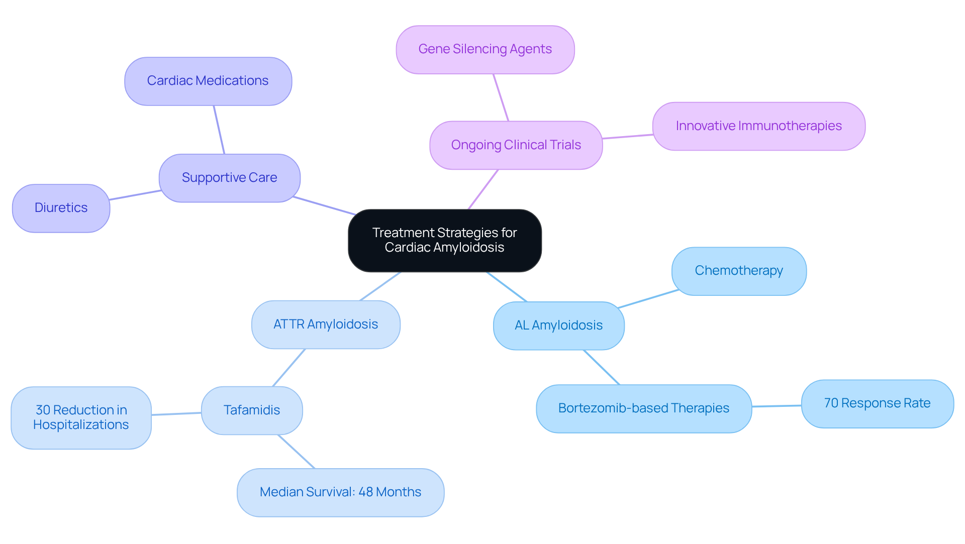 The central node represents the overall treatment strategies, while the branches show specific approaches for different types of amyloidosis and supportive care options. Each branch highlights key information to help you understand the treatment landscape.