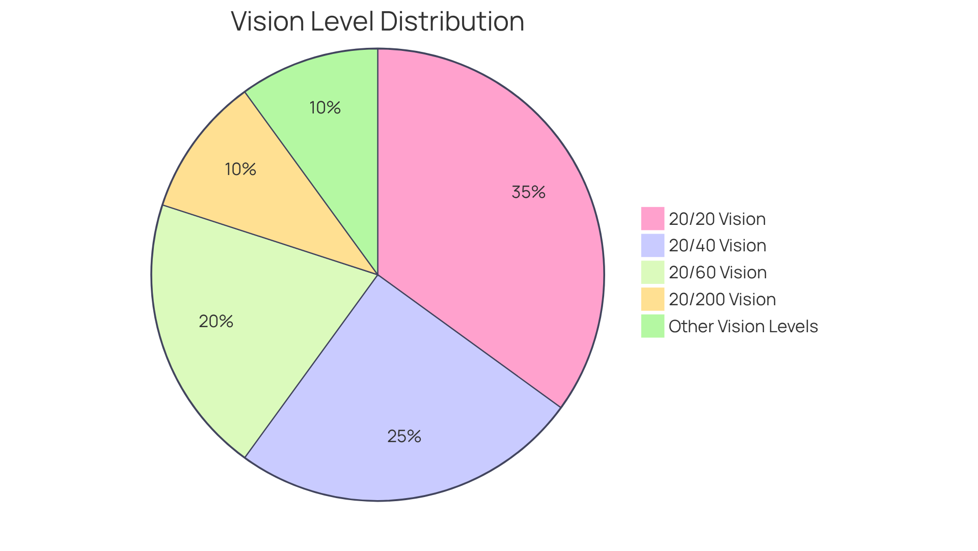 This chart shows how different vision levels impact health outcomes. The green slice represents those with 20/20 vision, who generally have better eye health, while the red slice represents those with 20/40 vision, who may face higher risks of eye conditions. The size of each slice indicates the proportion of individuals affected.