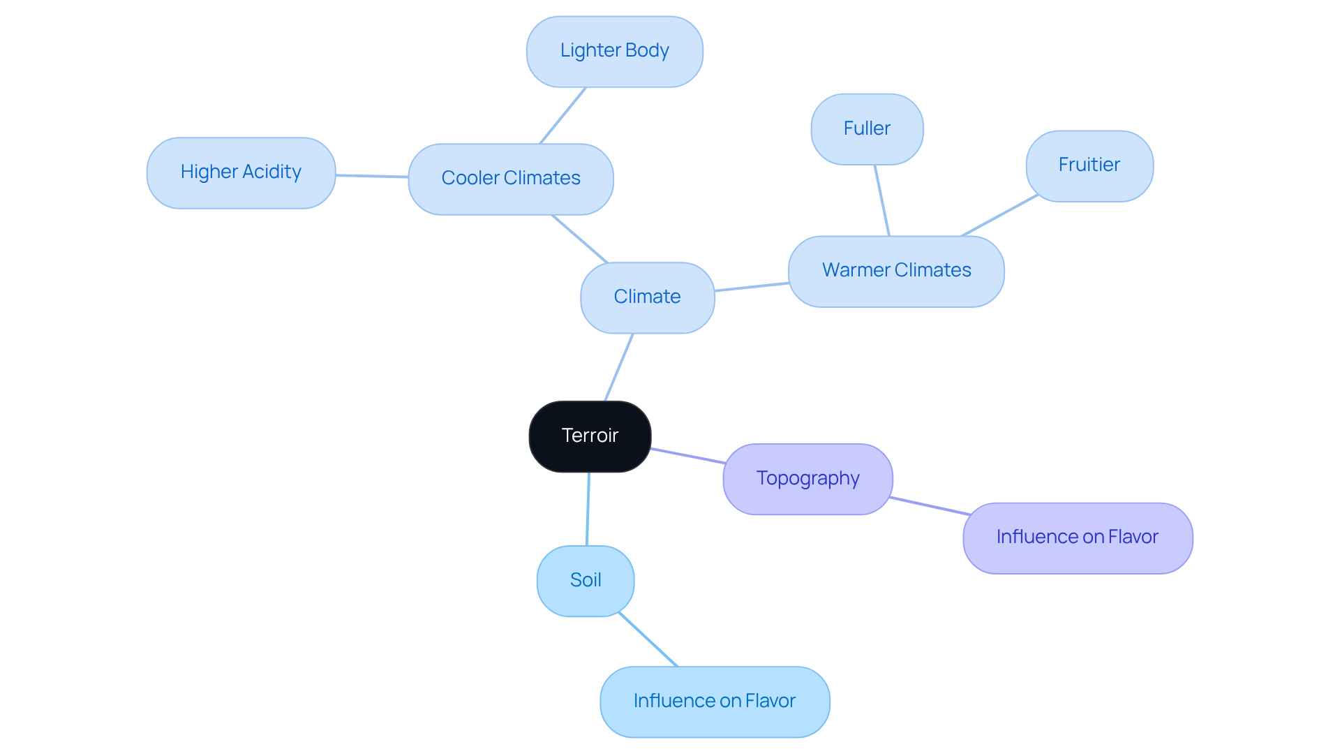 The central concept is 'Terroir', which affects the flavor of beverages. Each branch represents a different influencing factor, and the sub-branches illustrate how these factors manifest in the characteristics of the drinks from various regions. The central concept is 'Terroir', which affects the flavor of beverages. Each branch represents a different influencing factor, and the sub-branches illustrate how these factors manifest in the characteristics of the drinks from various regions.