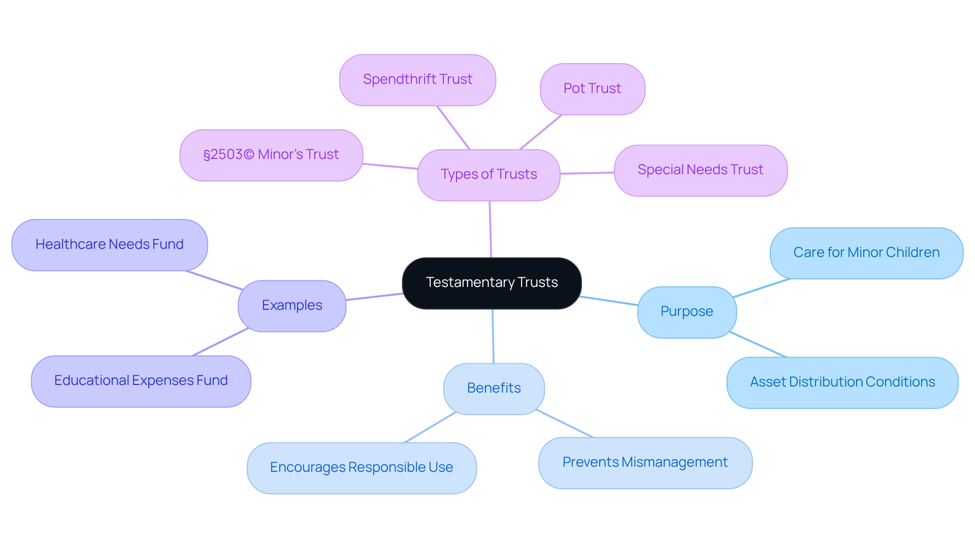 The central node represents the main topic of testamentary trusts. Each branch explores different aspects, helping you understand how these trusts work and their importance in securing your children's financial future.