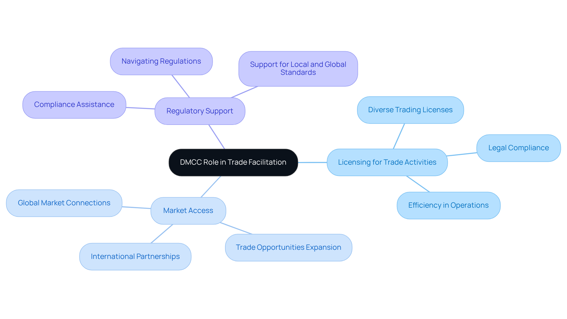 The central node represents the DMCC's overall role, while the branches show the key services it provides. Each service is further broken down into specific details, illustrating how they contribute to a thriving trading environment.