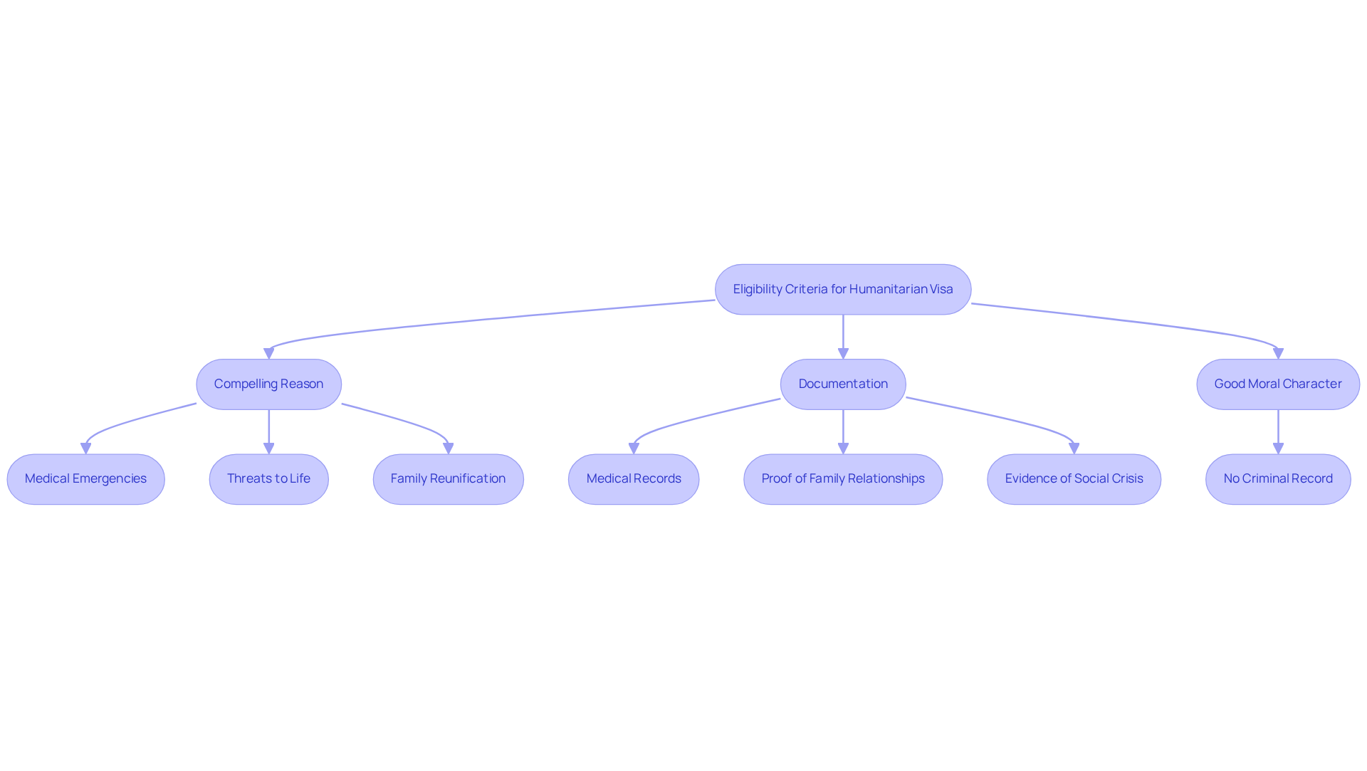 This flowchart guides you through the steps to qualify for a humanitarian visa. Each section outlines what you need to demonstrate or provide, making it easier to navigate the application process.