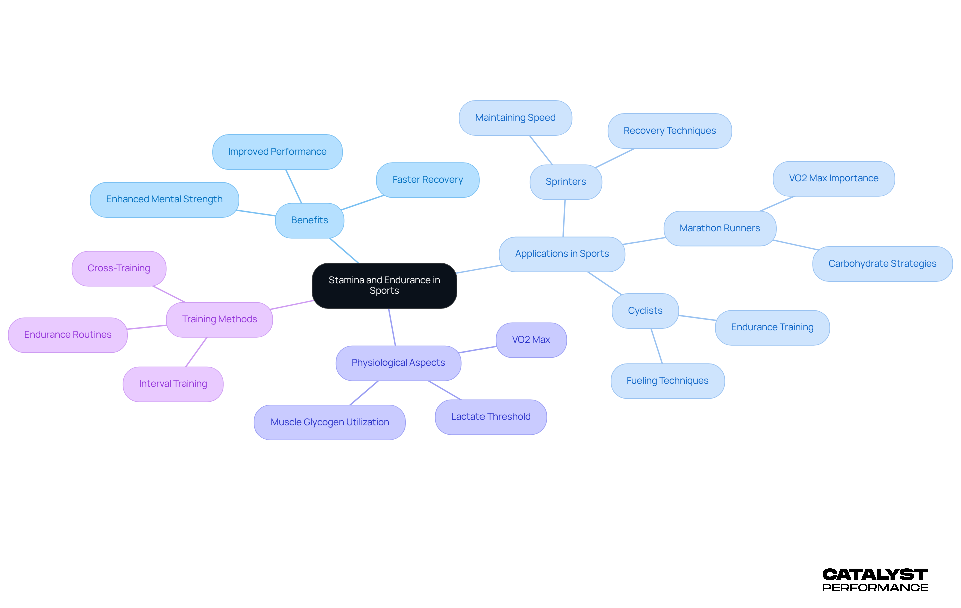 The central node represents the main topic, while the branches show different aspects of stamina and endurance. Each color-coded branch helps you see how these concepts apply to various sports and training methods.