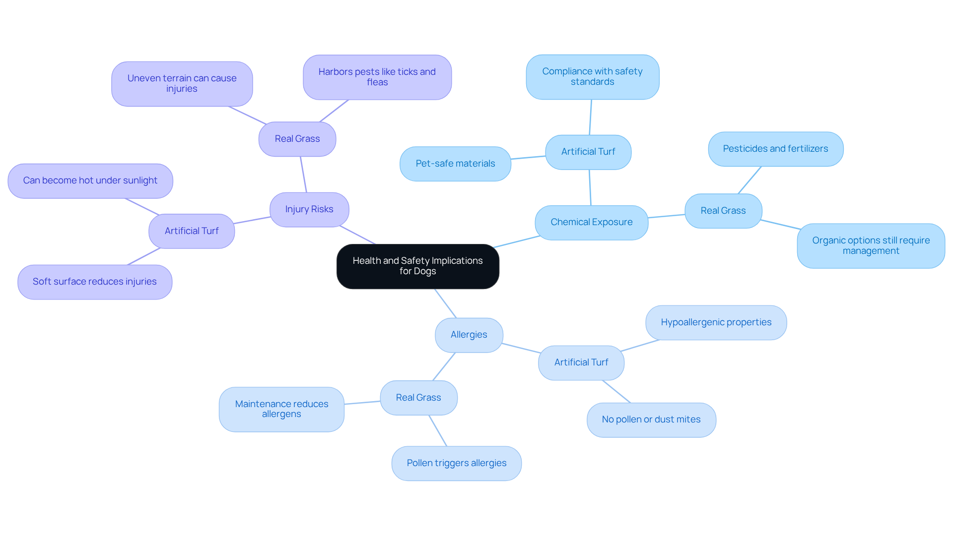 The central node represents the overall topic, while the branches show different categories of health and safety concerns. Each sub-branch compares artificial turf and real grass, helping you see the pros and cons at a glance.