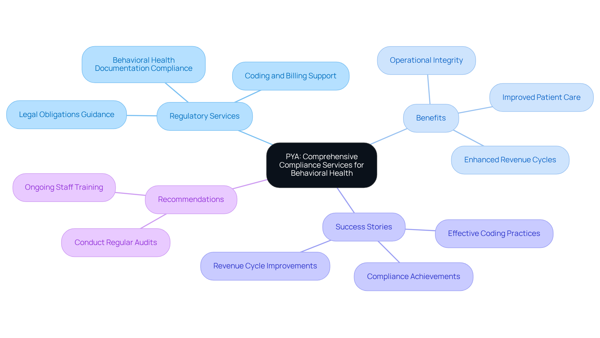 Start at the center with PYA's services, then explore how they help organizations comply with regulations and improve their operations. Each branch leads to important aspects and actionable steps for better compliance.
