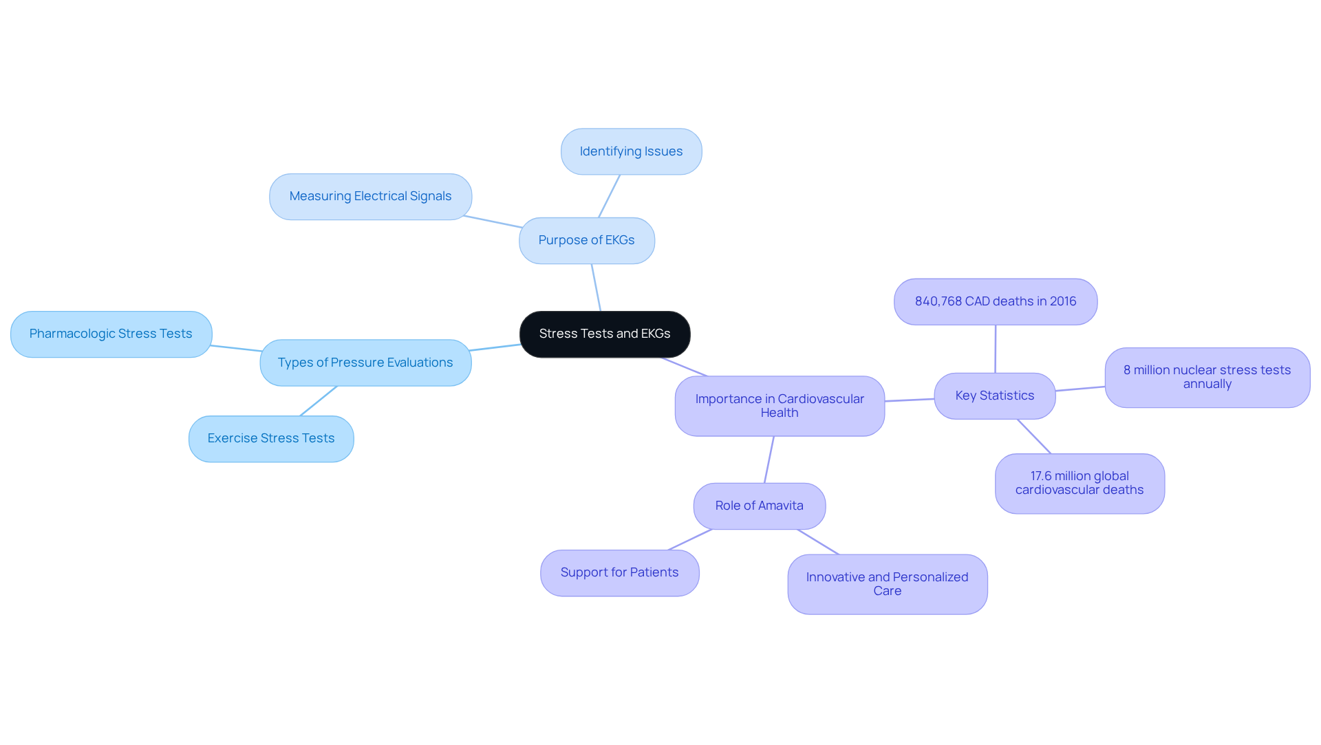 The central node represents the main topic, while branches show different categories and purposes. Each color-coded branch helps you navigate through the information easily, connecting the dots between stress tests, EKGs, and heart health.