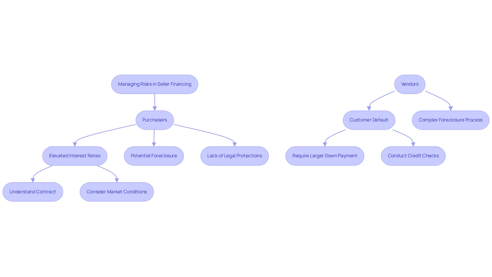 Blue boxes represent risks for purchasers, green boxes represent risks for vendors, and arrows indicate the flow of considerations and strategies.