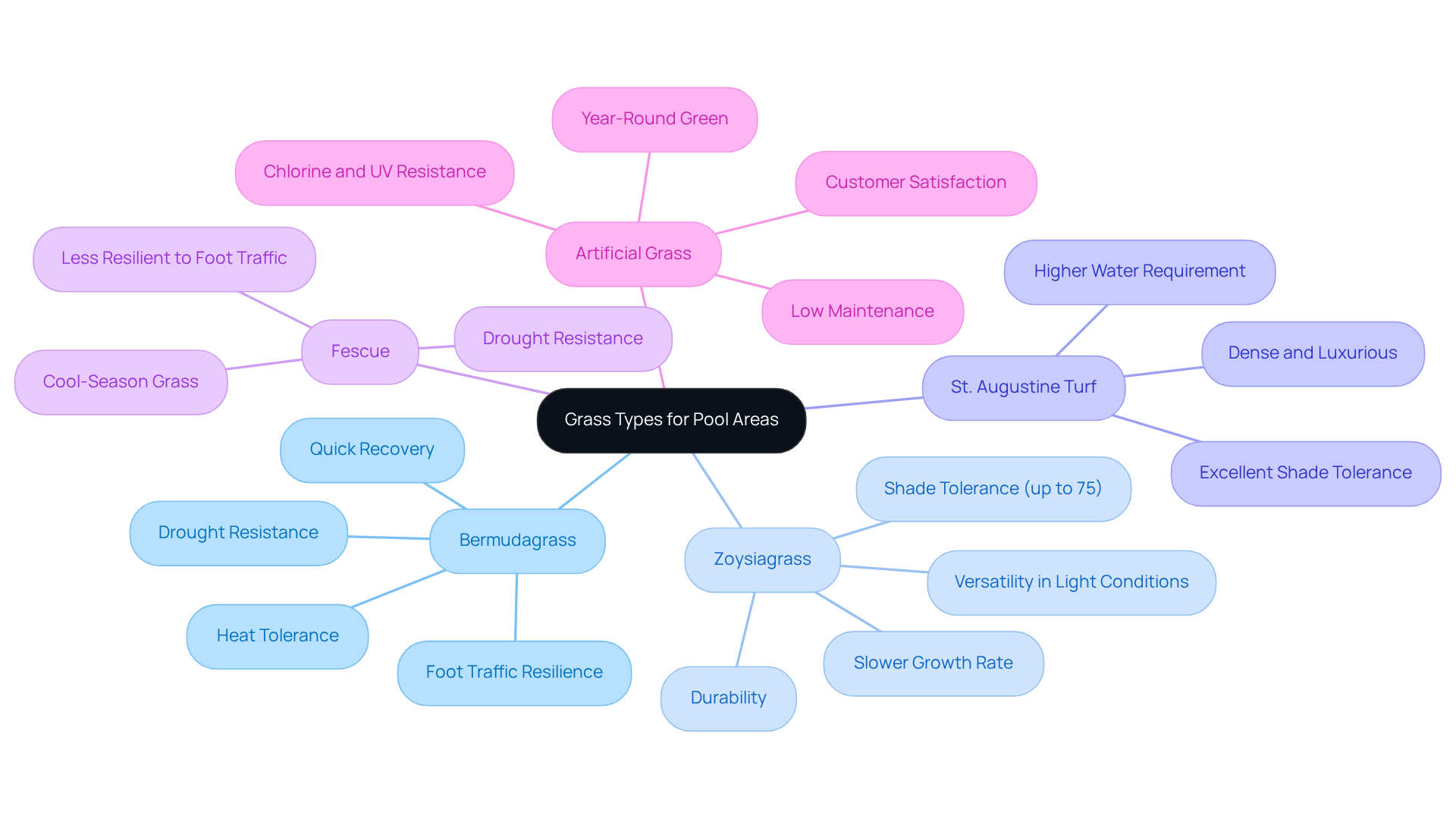 The central node represents the main topic, while each branch shows a different type of grass. The details under each type highlight its unique features, helping you choose the best option for your pool area. The central node represents the main topic, while each branch shows a different type of grass. The details under each type highlight its unique features, helping you choose the best option for your pool area.
