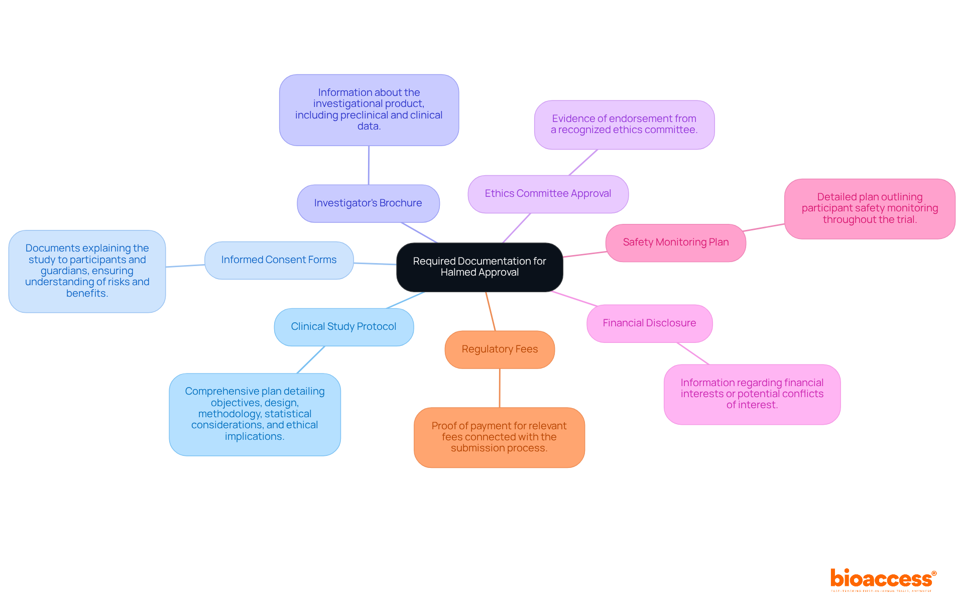 The central node represents the overall application process, while each branch shows a specific document needed for approval. Follow the branches to see what you need to gather for a successful submission.