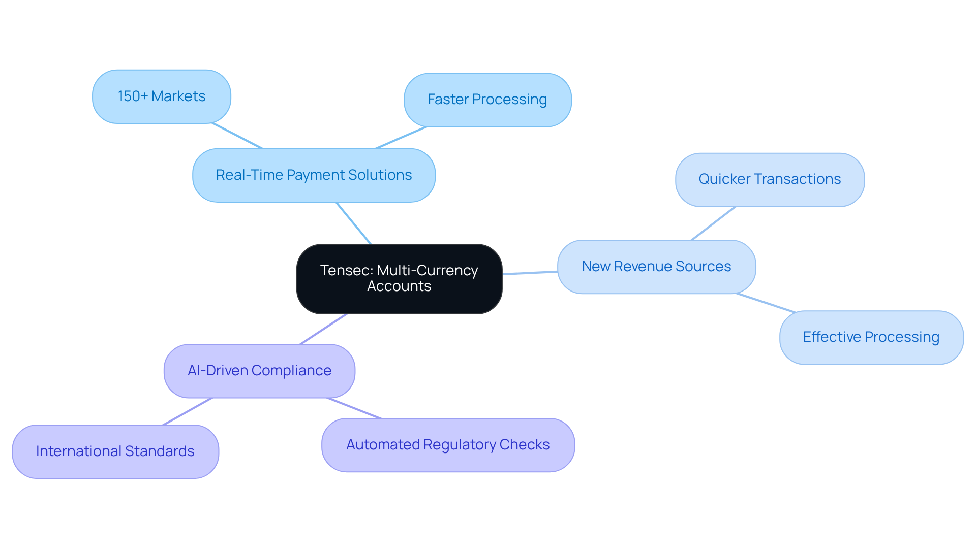 Start from the center with Tensec's core service, then explore each branch to see how it enhances international transactions through various features.