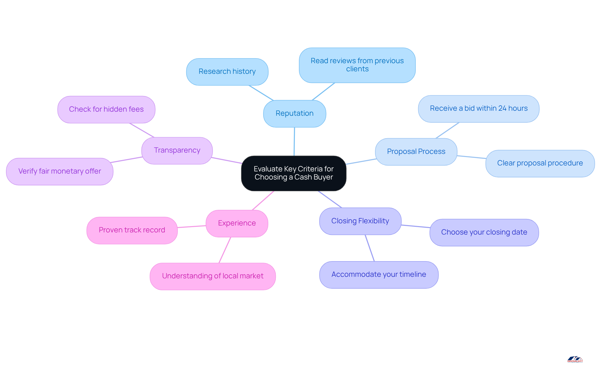 The central node represents the main topic, and each branch shows a key consideration. The sub-points provide additional details about what to look for within each criterion. The central node represents the main topic, and each branch shows a key consideration. The sub-points provide additional details about what to look for within each criterion.