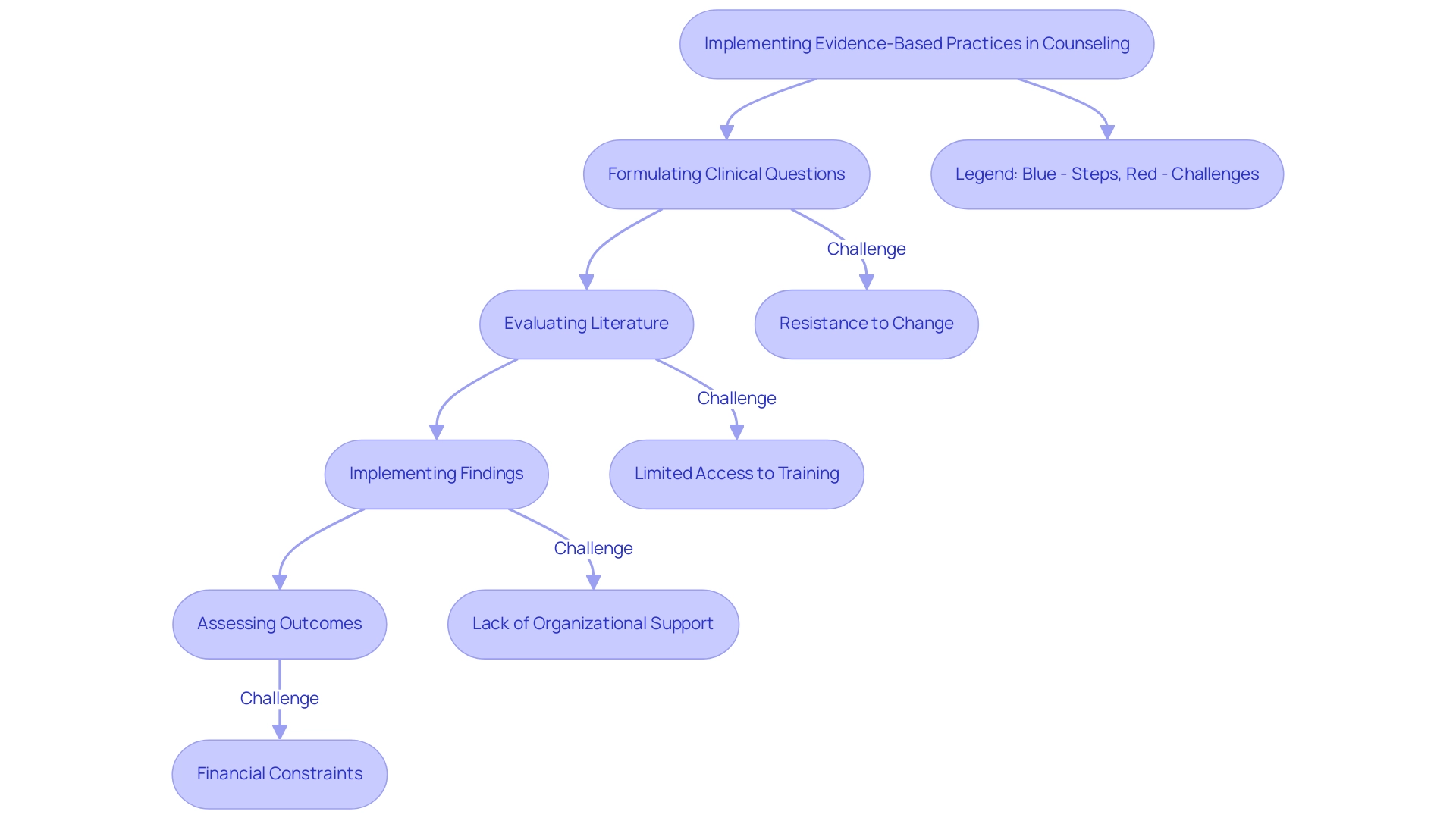 Blue boxes represent steps in the implementation process, while red boxes highlight the associated challenges.