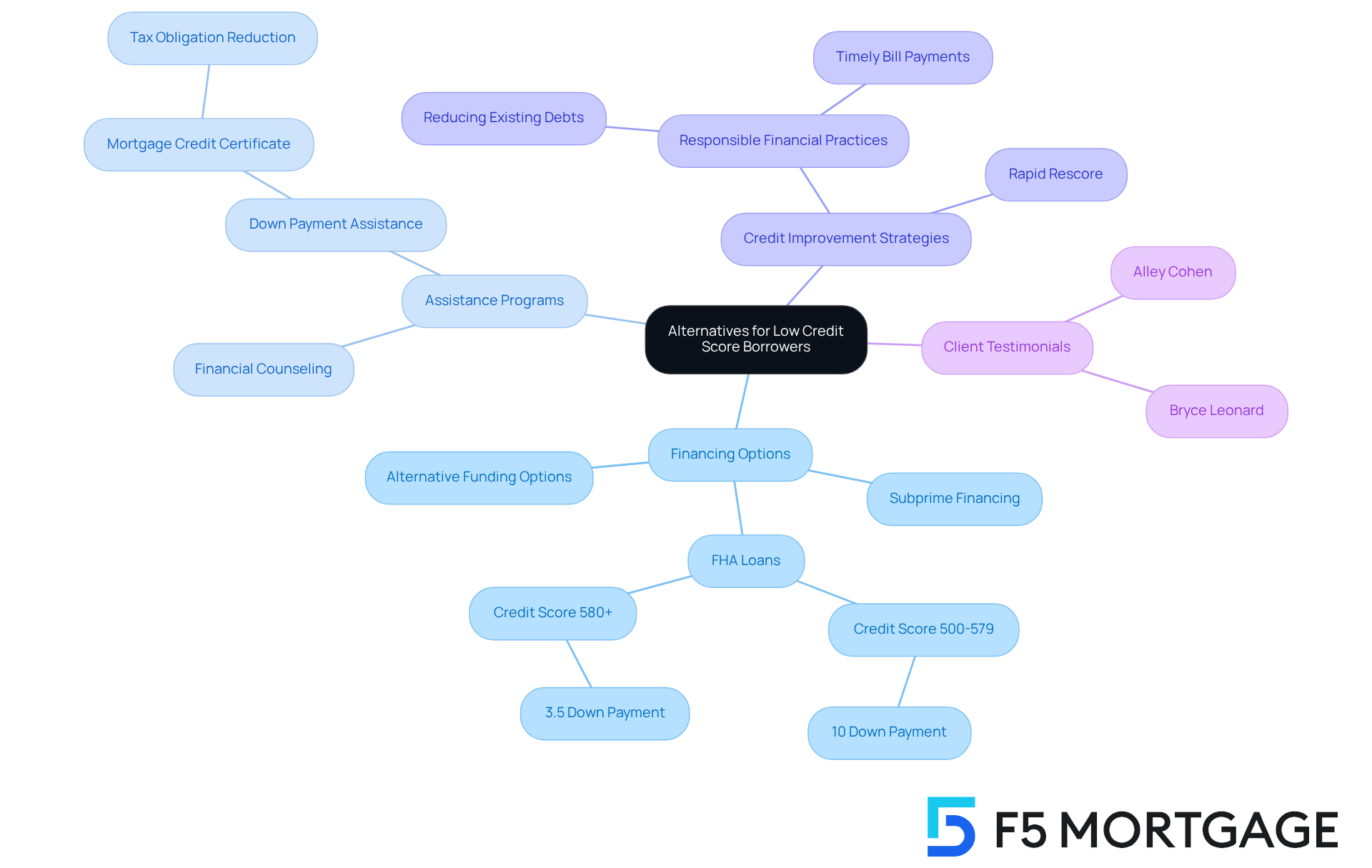 The central node shows the main topic, while branches detail various strategies and resources available to assist borrowers with low credit scores. Follow the lines to explore each option and see how they connect to the main theme.