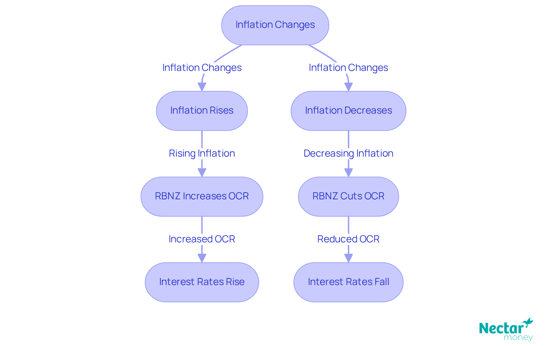 This flowchart shows how inflation impacts interest rates. Follow the arrows to see how rising inflation leads to higher interest rates, while decreasing inflation prompts cuts in interest rates.