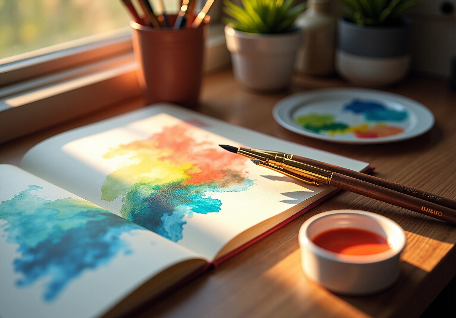 Escoda Versátil Watercolor Brushes in an Artistic Workspace