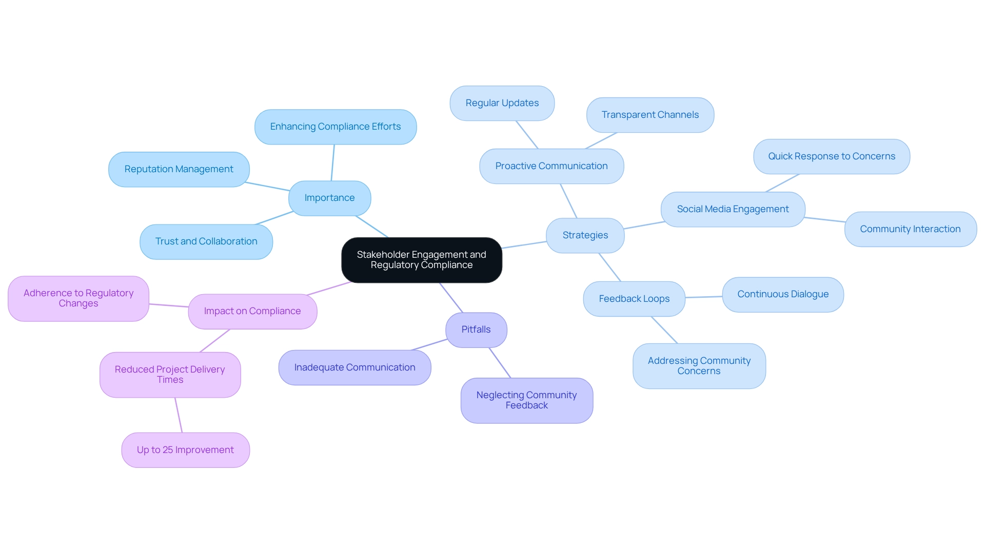 The central node represents the main topic. Each branch details important aspects of stakeholder engagement, showing how they connect to compliance and potential challenges.