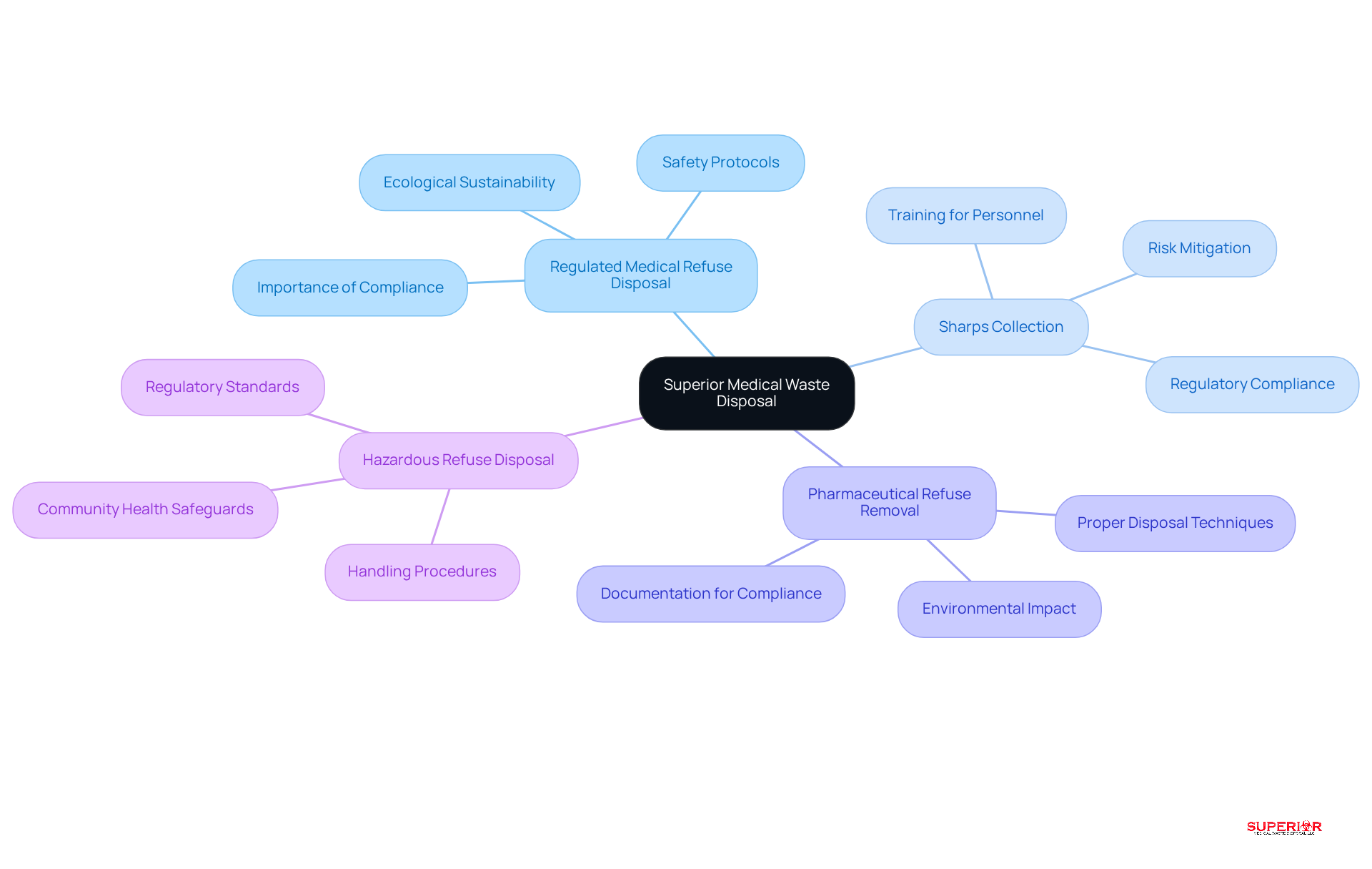 The central node represents the main focus on medical waste disposal, while the branches show specific services offered. Each service is connected to the overarching goal of safety, compliance, and sustainability.