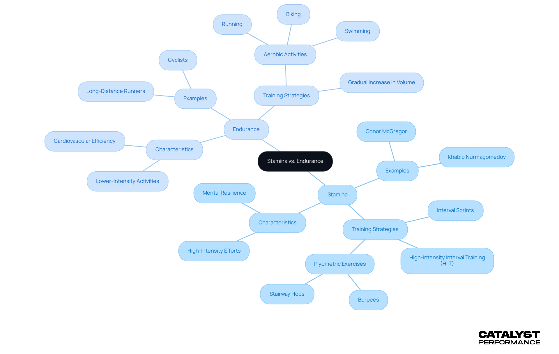 The central node represents the main topic, while the branches show the key differences and training strategies for stamina and endurance. Each color-coded section helps you quickly identify which traits belong to which concept. The central node represents the main topic, while the branches show the key differences and training strategies for stamina and endurance. Each color-coded section helps you quickly identify which traits belong to which concept.