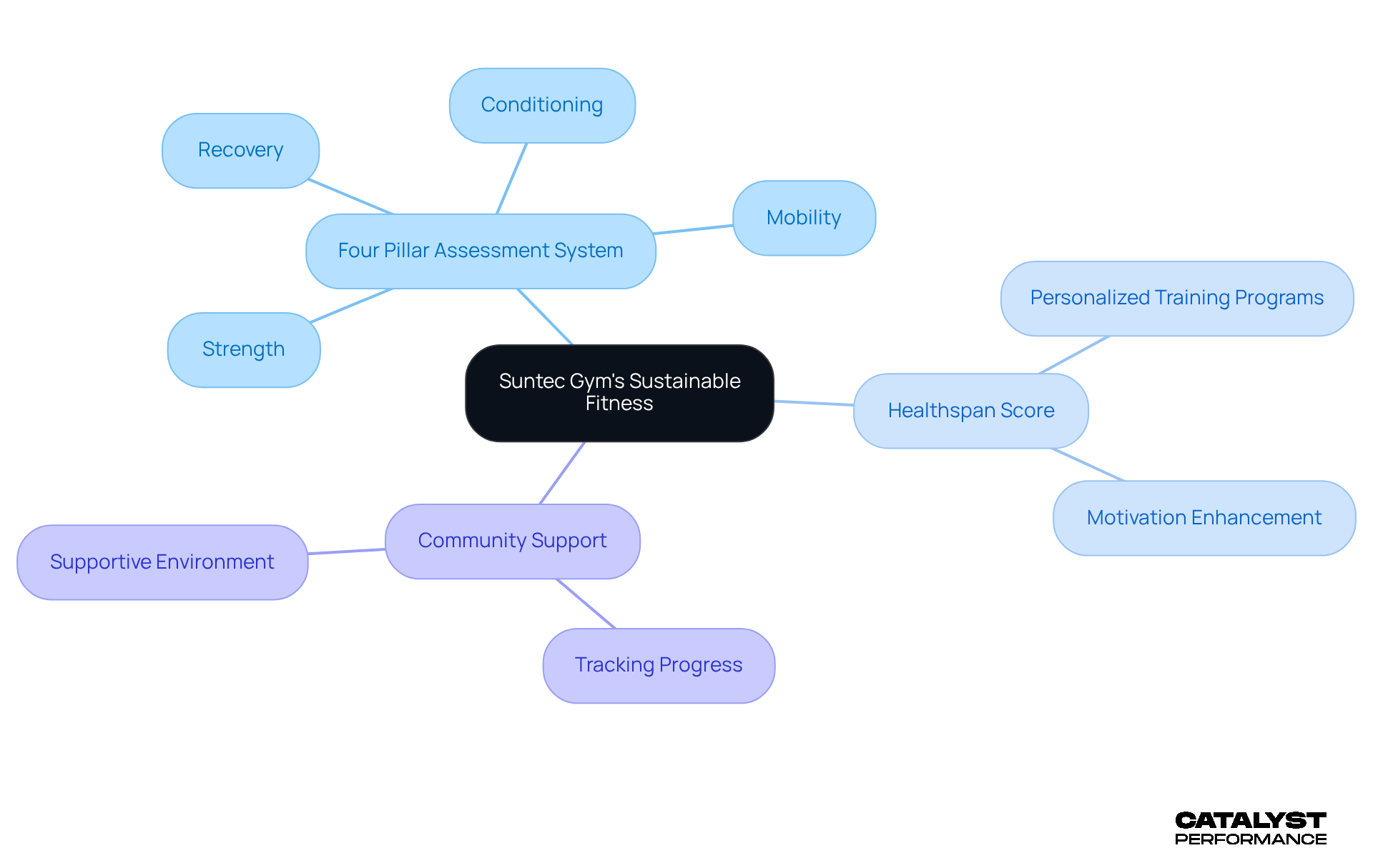 The center represents Suntec Gym's core philosophy, while the branches illustrate the various tools and support systems available to help you on your wellness journey.