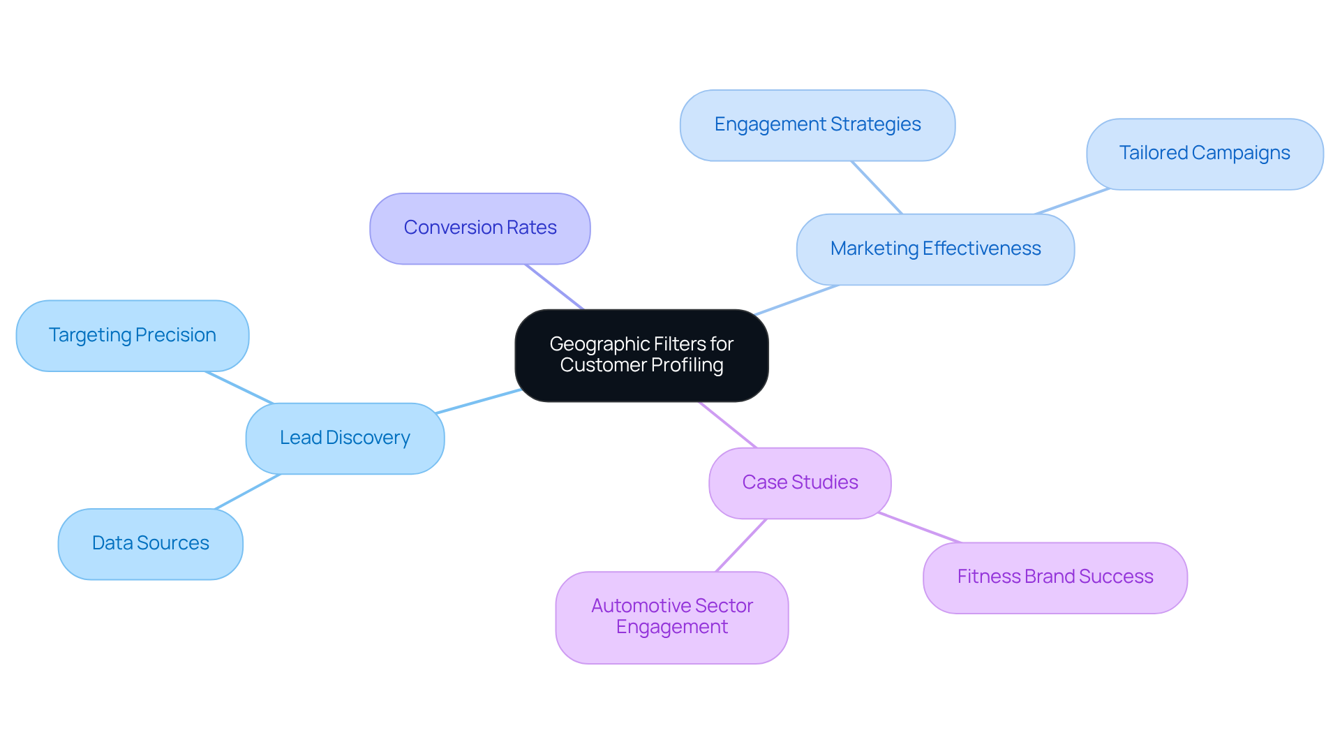 The center represents the main concept of geographic filters, with branches showing how they relate to lead discovery, marketing effectiveness, and real-world examples. Follow the branches to explore each area and its significance.