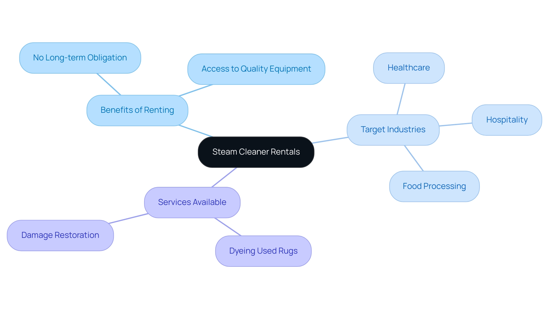 The central node represents steam cleaner rentals, with branches indicating benefits, target industries, and available services, each color-coded for clarity.