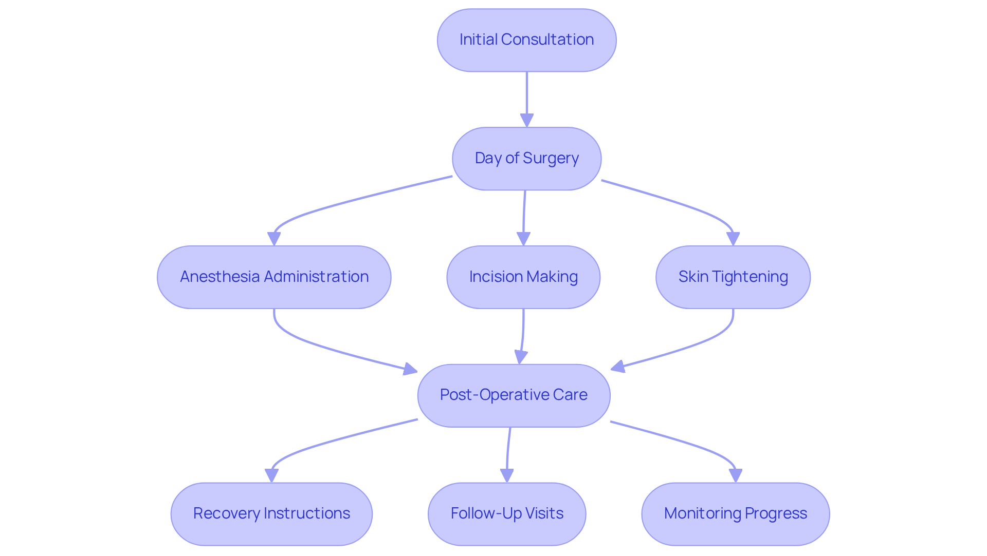 Each box represents a step in the facelift journey. Follow the arrows to see how each stage leads to the next, from the initial consultation all the way through recovery.