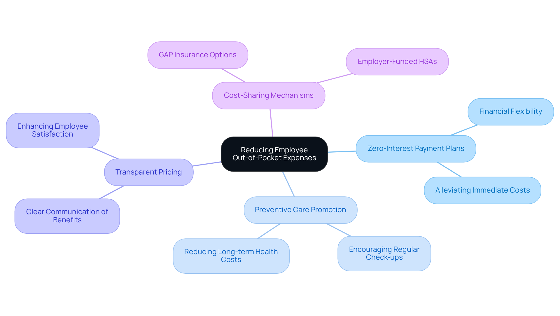 The center shows the main goal of reducing out-of-pocket expenses, while the branches represent different strategies HPS uses. Each strategy can have its own details, helping you understand how they contribute to the overall aim.