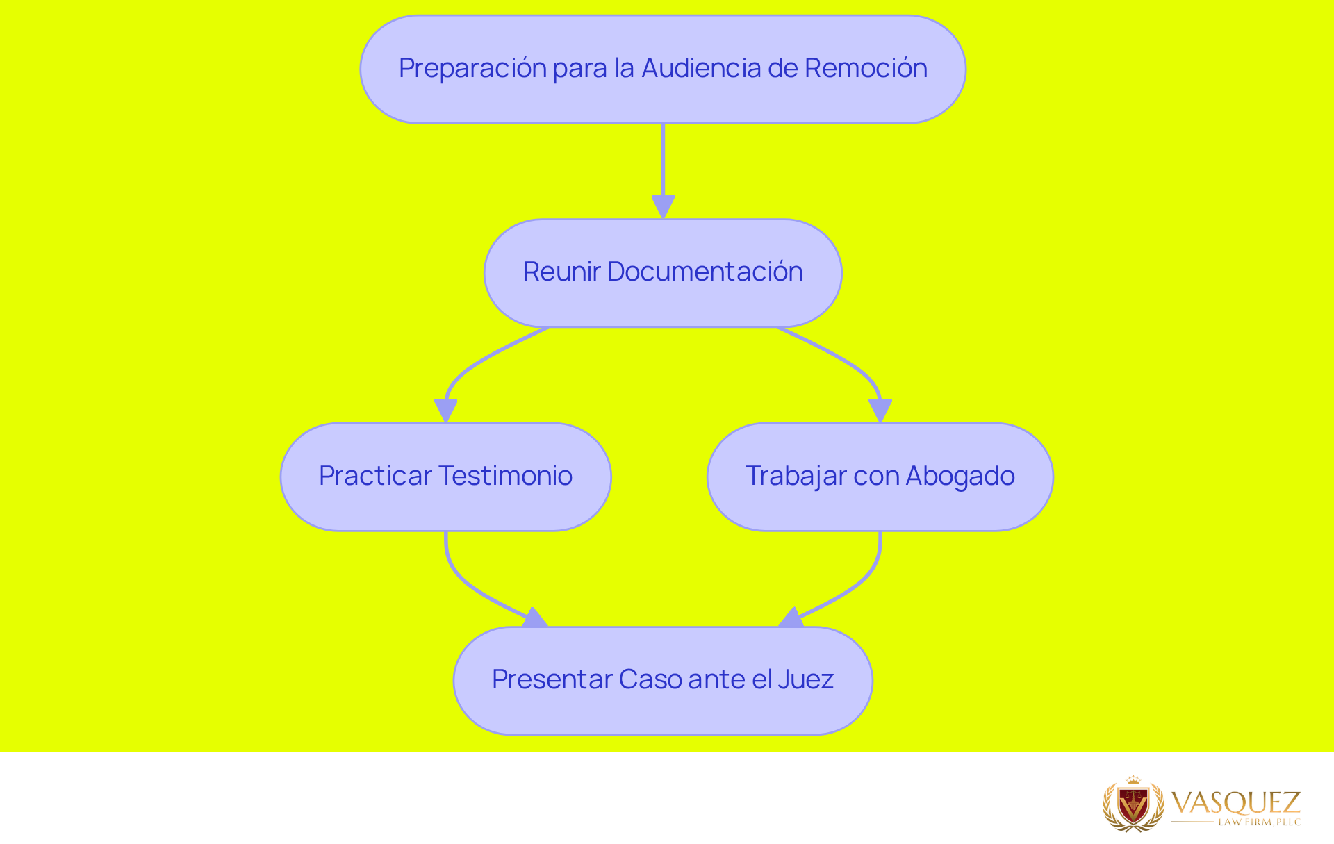 Cada caja representa un paso en la preparación para la audiencia. Sigue las flechas para ver cómo cada etapa se conecta y lleva a la siguiente.