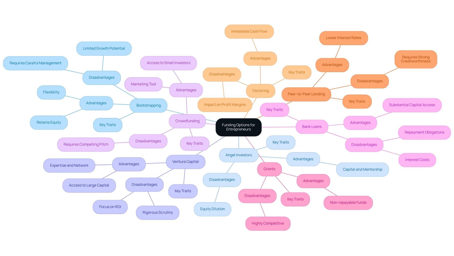 Each branch represents a funding type, with sub-branches detailing their characteristics. Different colors denote different types of funding to aid visual distinction.