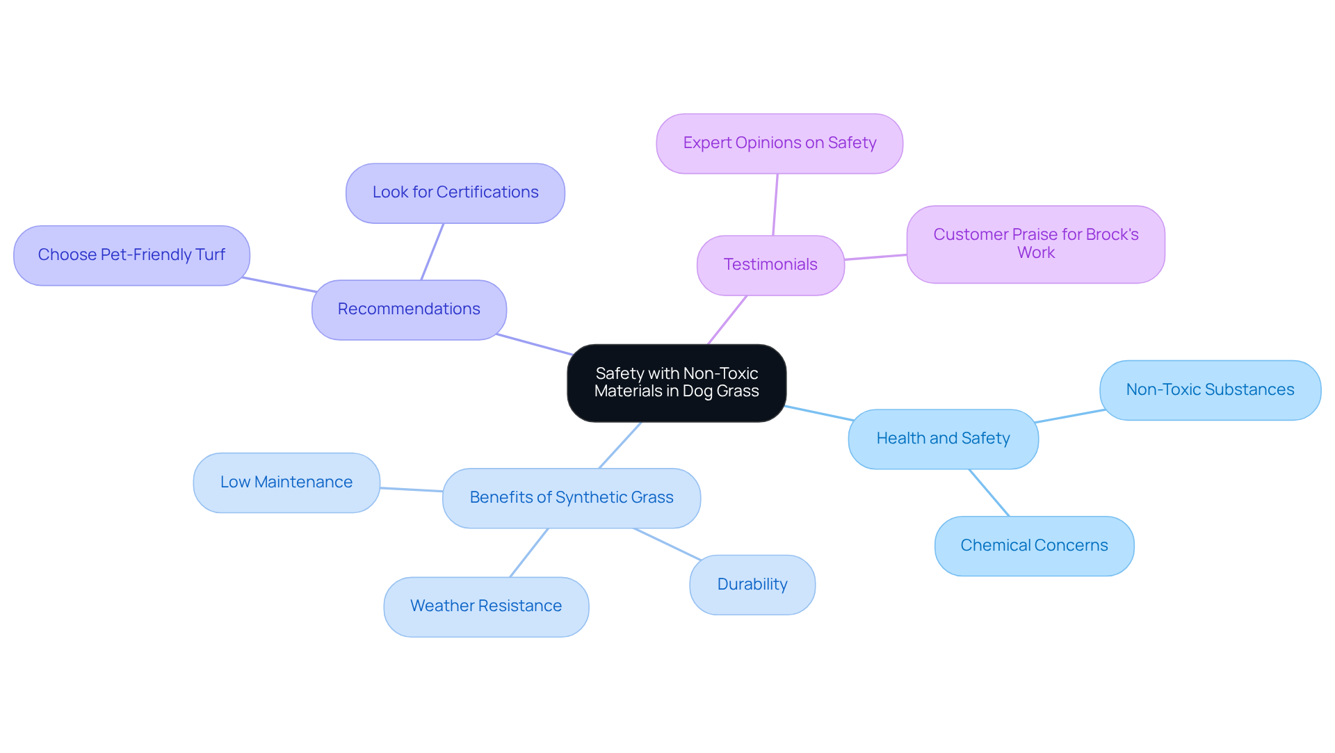This mindmap shows how choosing non-toxic materials for dog grass ensures a safe environment for pets. Each branch represents a key aspect of this choice, helping you understand the benefits and recommendations for pet-friendly grass.