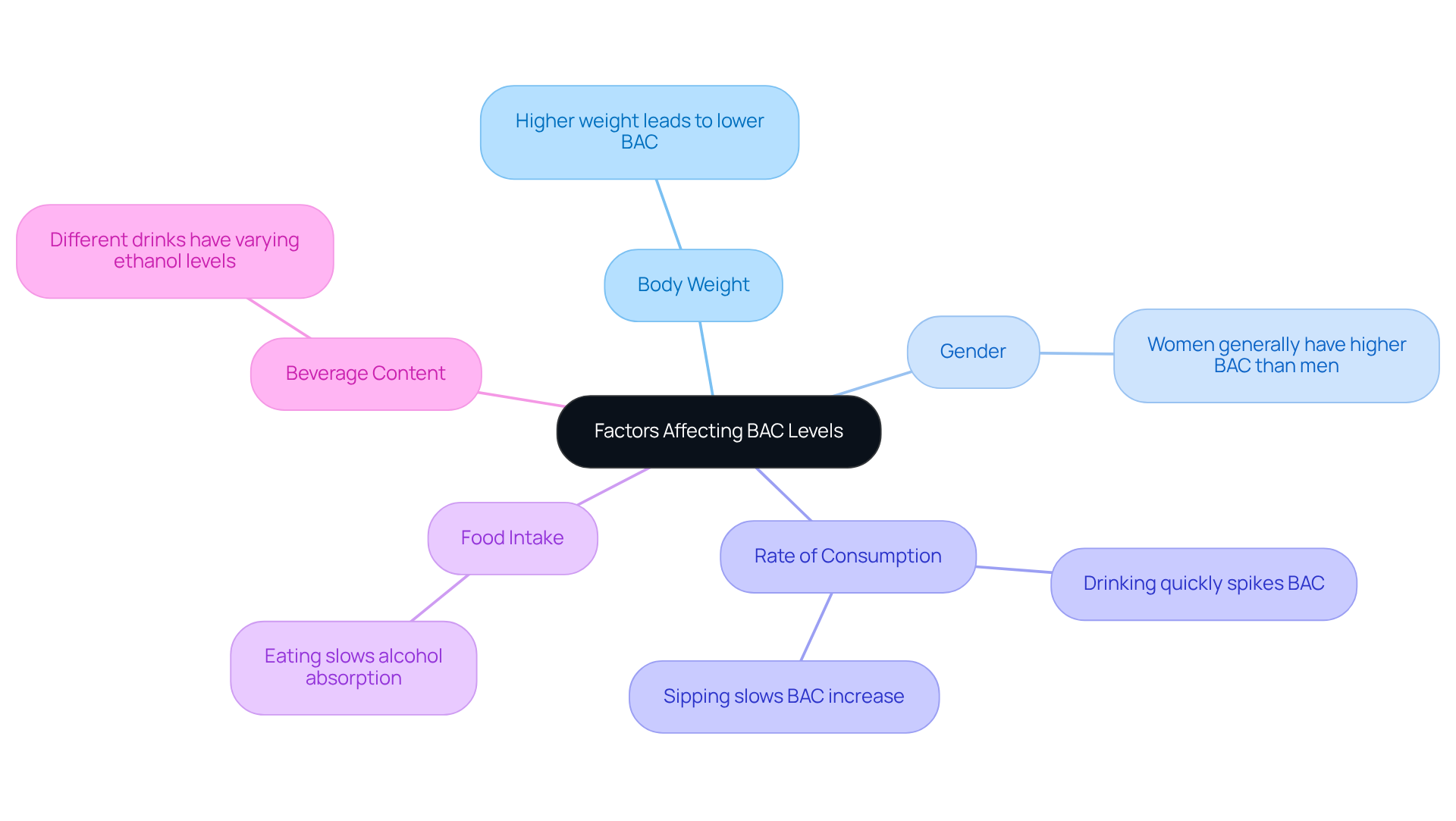 The center illustrates the main topic of BAC levels. Each branch represents a different factor that affects BAC, with details on how they contribute to changes in alcohol concentration.